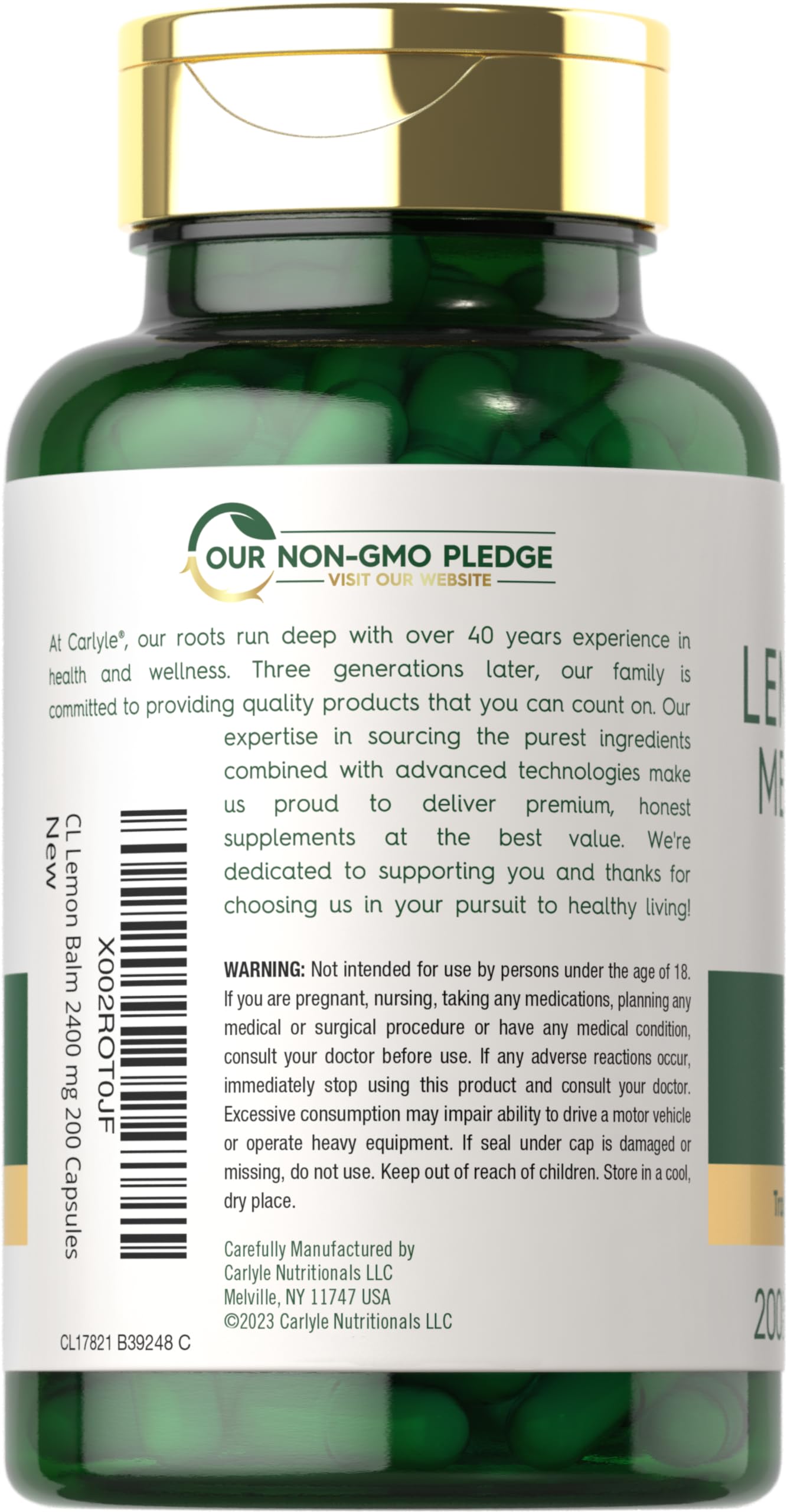 Carlyle Melissa Lemon Balm | 200 Capsules | Non-GMO and Gluten Free Formula | Melissa Leaf Traditional Herbal Supplement | Super Concentrated Extract