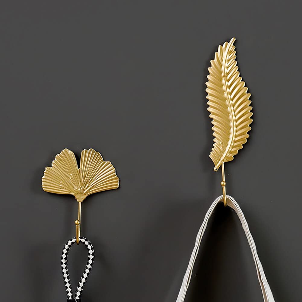 Decorative Leaves Iron Hooks, Set of 4 Leaf Shaped Self Adhesive Wall Shower Curtain Coat Hooks, Modern Key Holder Wall Mounted Metal Iron Gold Single Prong Coat Hanger for Hallways, Living Room