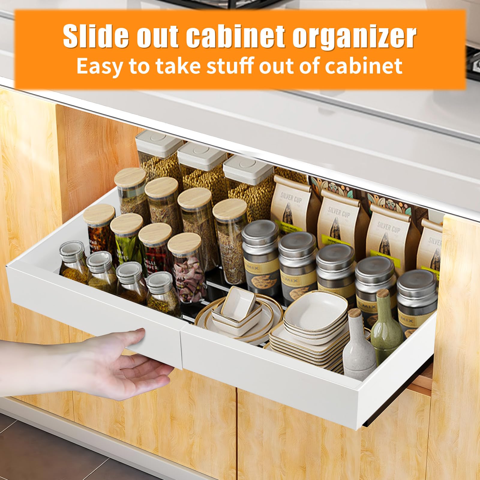 Pull Out Cabinet Organizer, Expandable(12.4"-20.5") Pull Out Drawers for Cabinets Slide Out Drawers for Kitchen Cabinets with Adhesive Nano Film Mounting Adjustable for Kitchen, Pantry (White)