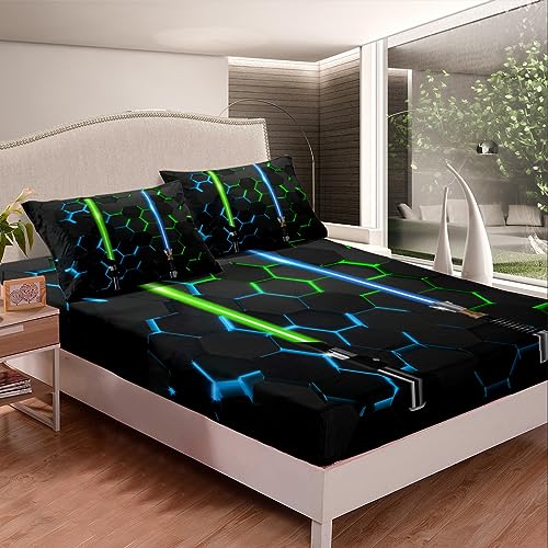 Geometric Honeycomb Hexagon Bed Sheets Twin Size Neon Blue Green Lightsaber Bedding Set 3Pcs Kids Boys Men Gamer Room Decor Fashion Black Sheet Set Cool 3D Games Fitted + Flat Sheet,1 Pillowcase