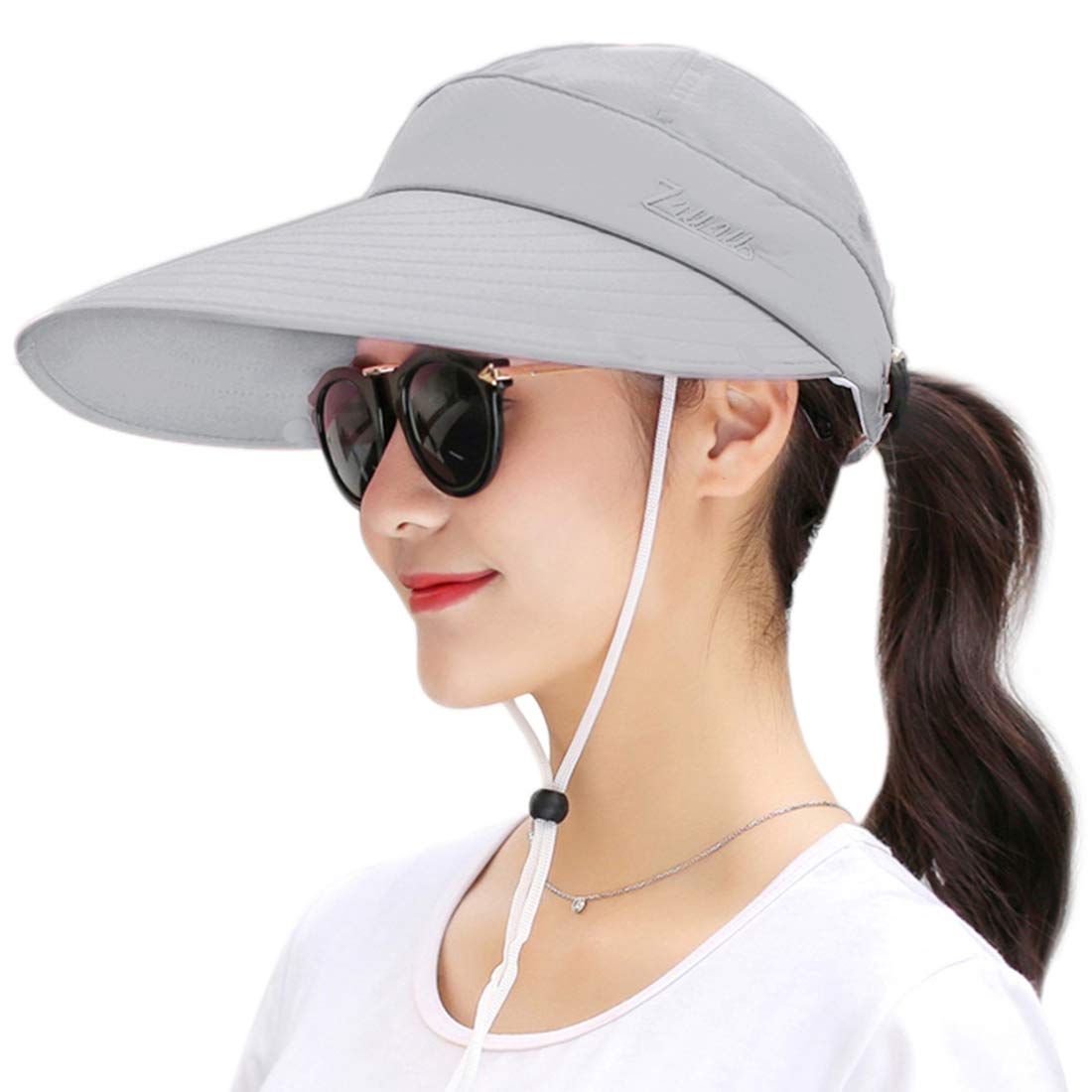 Women Summer Sun Protection Hat Wide Brim UV Hats Removable Neck Face Flap Cap with Ponytail Hole for Fishing Climbing Gardening Gray