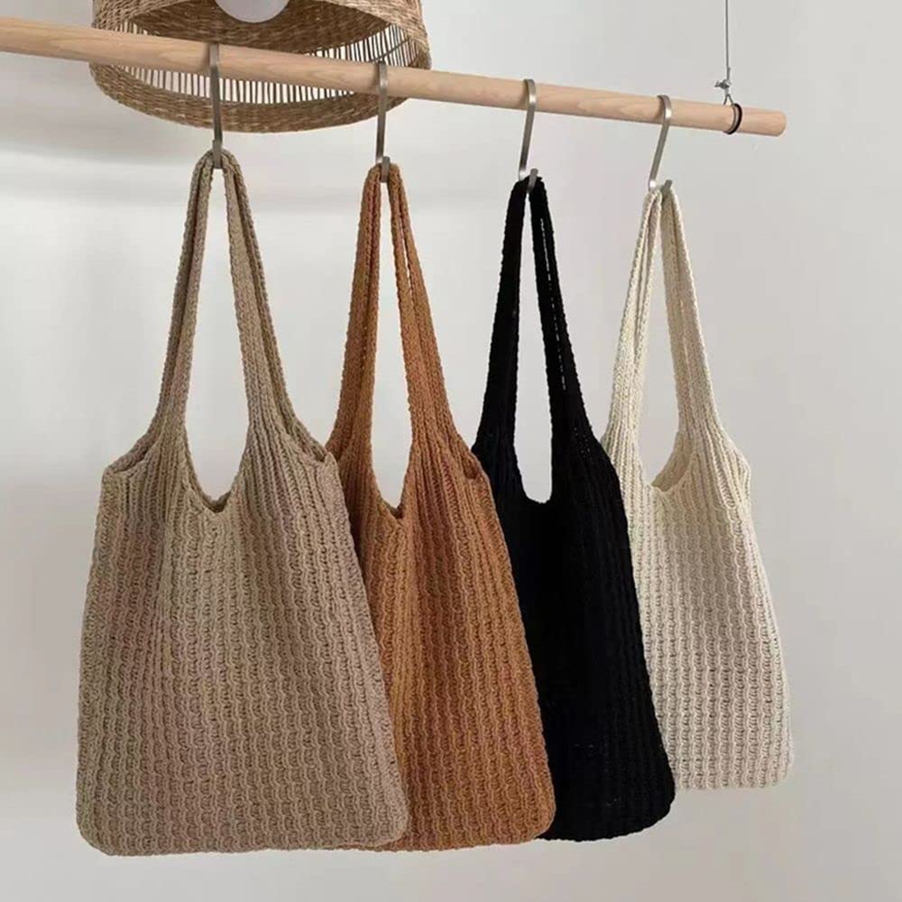 Crochet Hobo Bag Shopping Bag Large Capacity Hollow Woven Tote Bag Knitting Handbags(One Size,beige)