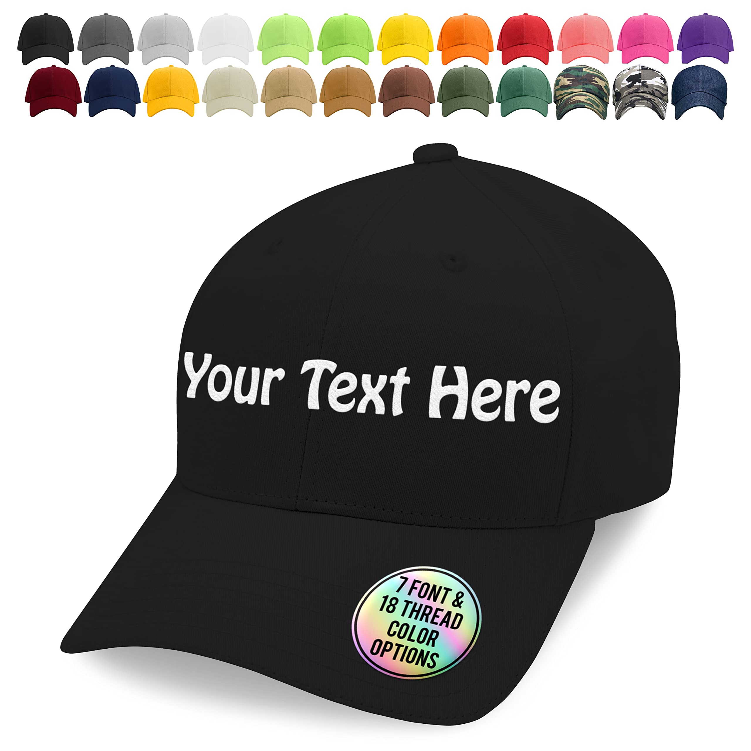 Custom Embroidered Baseball Cap for Men & Women - Your Text or Initials - 24 Cap Colors, 18 Thread Colors & 7 Fonts - Personalized Gifts for Him, Her - Black