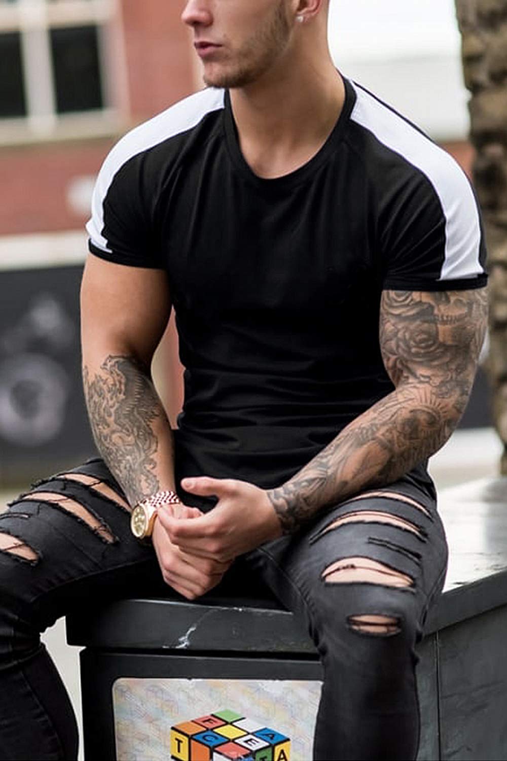 COOFANDY Men's Bodybuilding Muscle Raglan Short Sleeve Tee Slim Fit Gym T-Shirts Black M