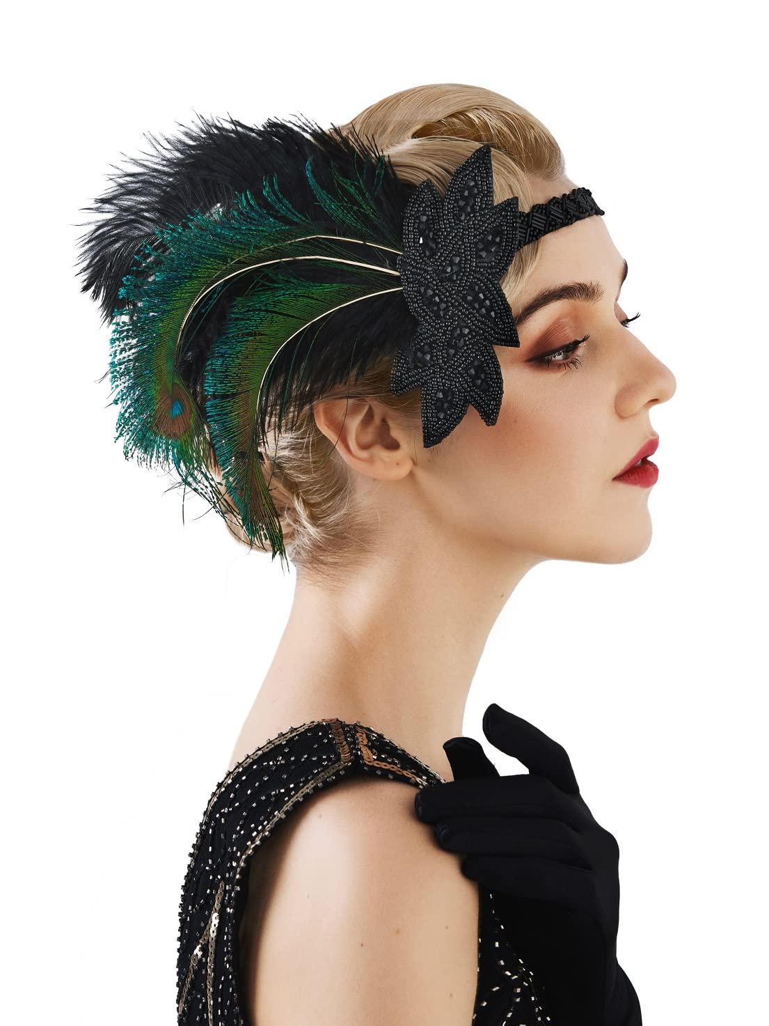 SWEETV 1920s Flapper Feather Headband, 20s Sequined Showgirl Headpiece, Gatsby Hair Accessories for Women (Burgundy)