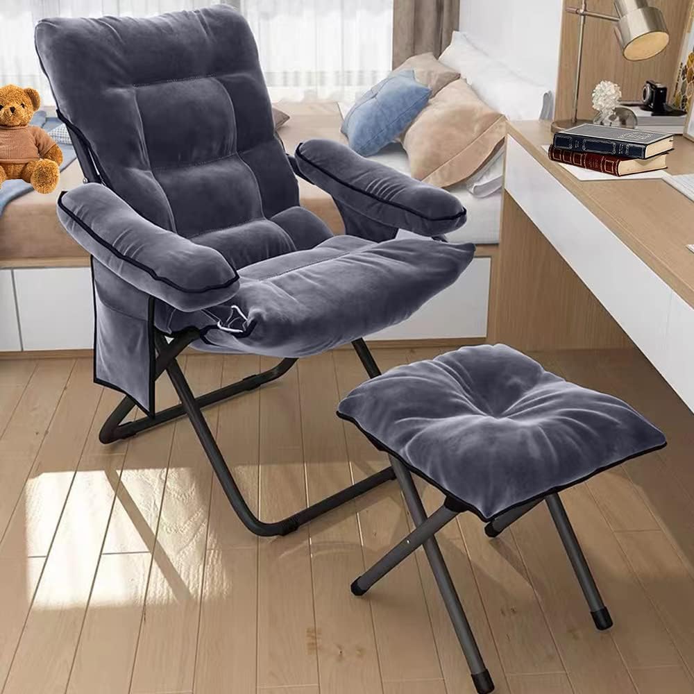 JNTKE Lazy Chair with Ottoman Foldable Aluminum Reclining with Armrests and Side Pocket Adjustable Reading Sofa Chair with Footrest for Bedroom/Office/Living Room/Grey