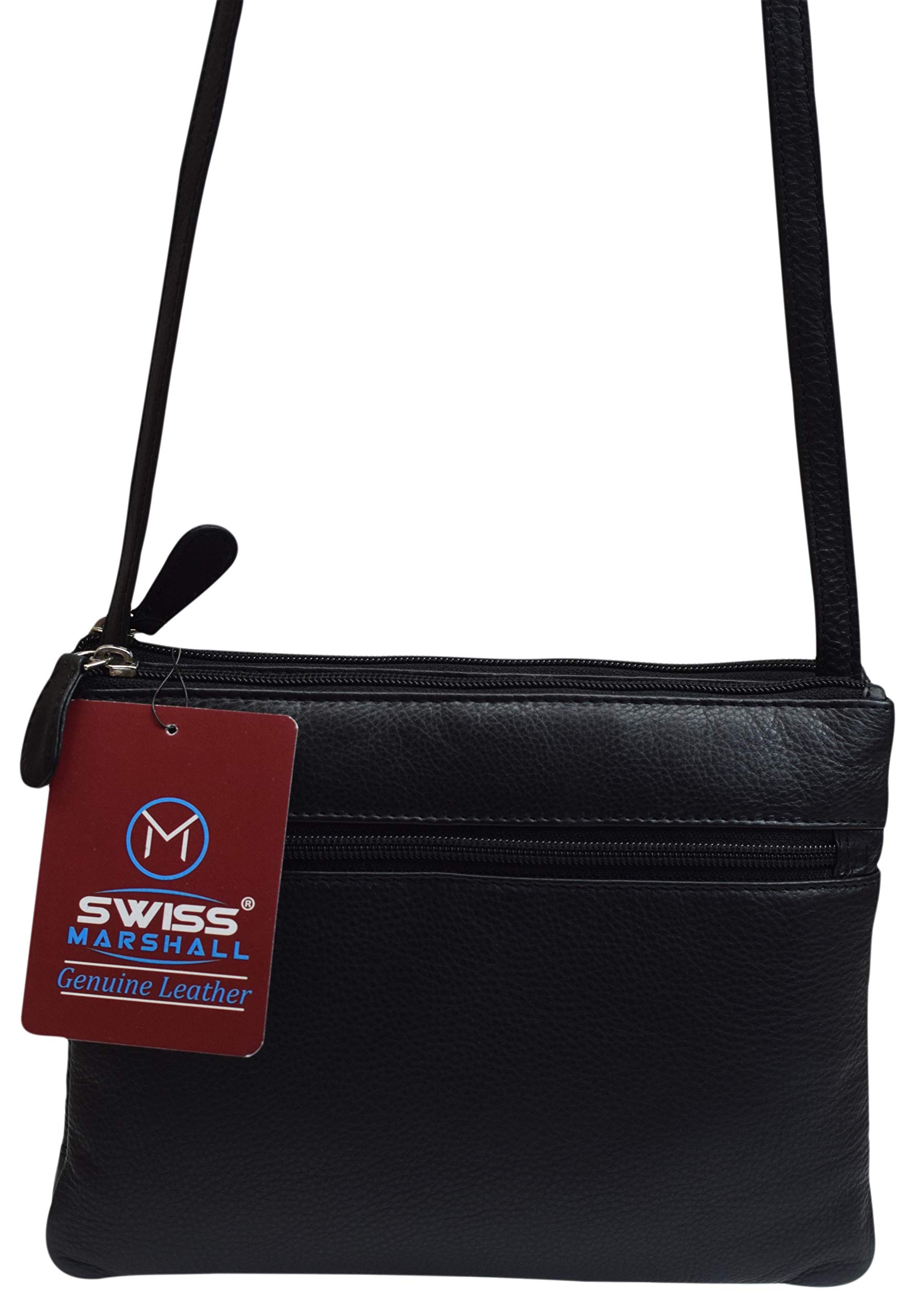 Swiss Marshal Genuine Leather Womens Purse Double Zipper Top Pockets Crossbody Shoulder Bag for Ladies (Black)