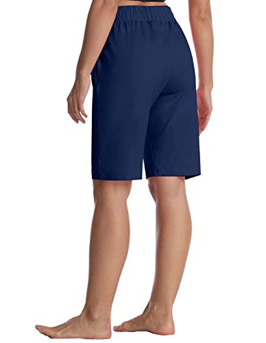 ChinFun Women's Yoga Bermuda Shorts Athletic Lounge Cotton Sweat Shorts 10" Long Shorts Workout Running Shorts Navy L