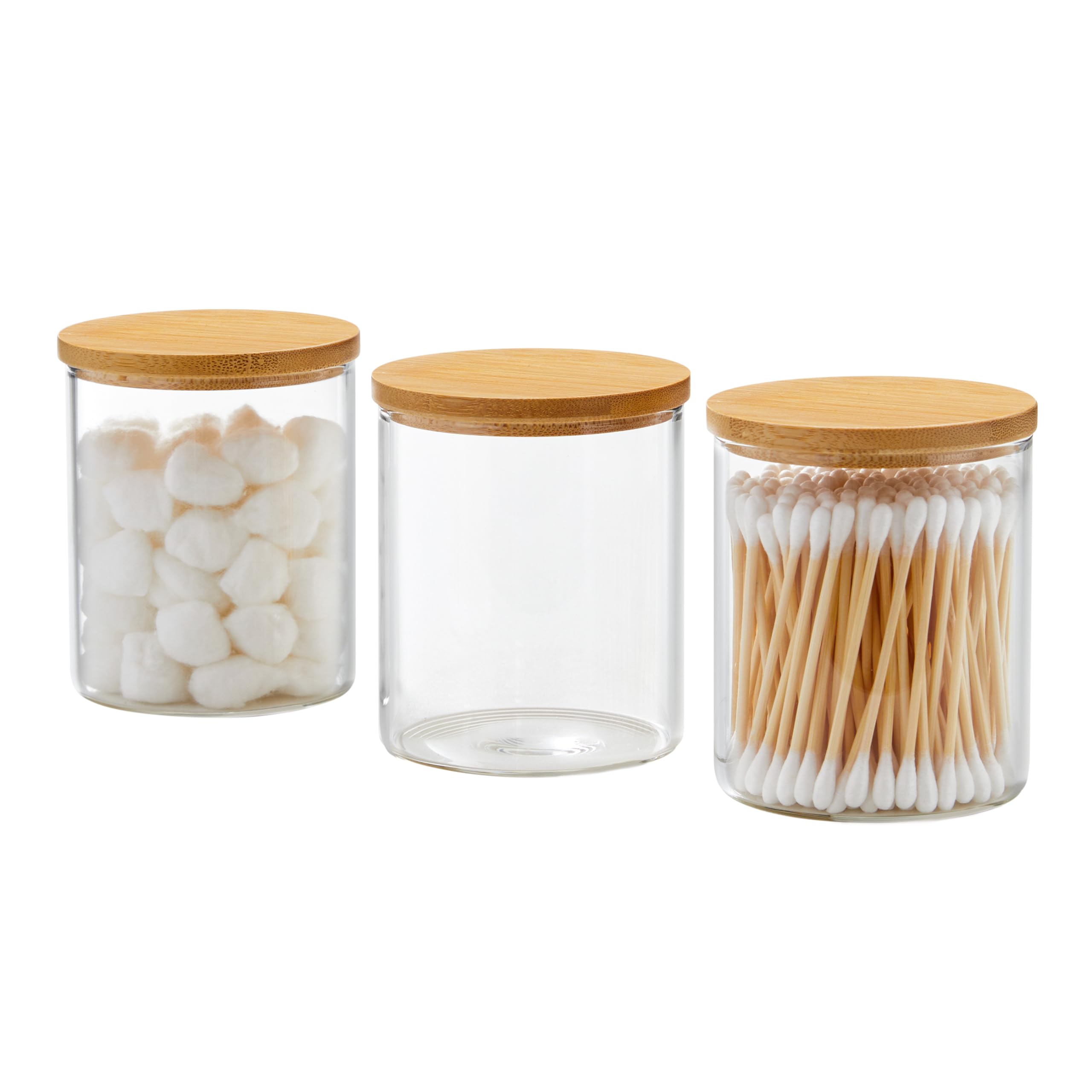 INIUNIK 3 Pack Glass Qtip Holder Bathroom Set, Clear Apothecary Jars with Lids, Cotton Ball Swab Round Holder Bathroom Essential Canisters Accessories for Organization and Storage