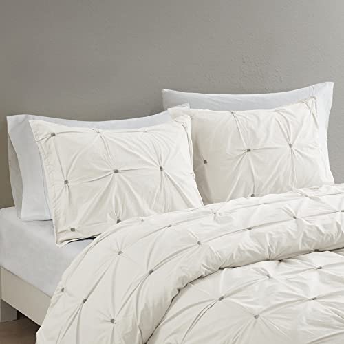Ink+Ivy Masie Duvet Cover King/Cal King Size - White , Elastic Embroidery Tufted Ruffles Duvet Cover Set β 3 Piece β 100% Cotton Percale Light Weight Bed Comforter Covers