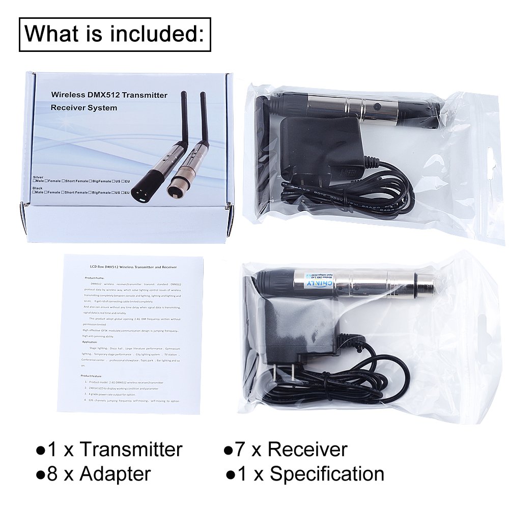 CHINLY 8pcs 2.4G DMX512 Wireless 1 Male Transmitter & 7 Female Receivers Control for Stage PAR Party Light