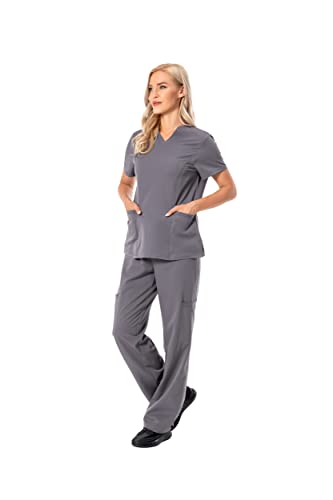 PuriPure Athletic Scrub Set for Women 4-Way Stretch V-Neck Scrub Top with 2 Pockets & cargo Scrub Pant with 5 Pockets (Large, Grey)