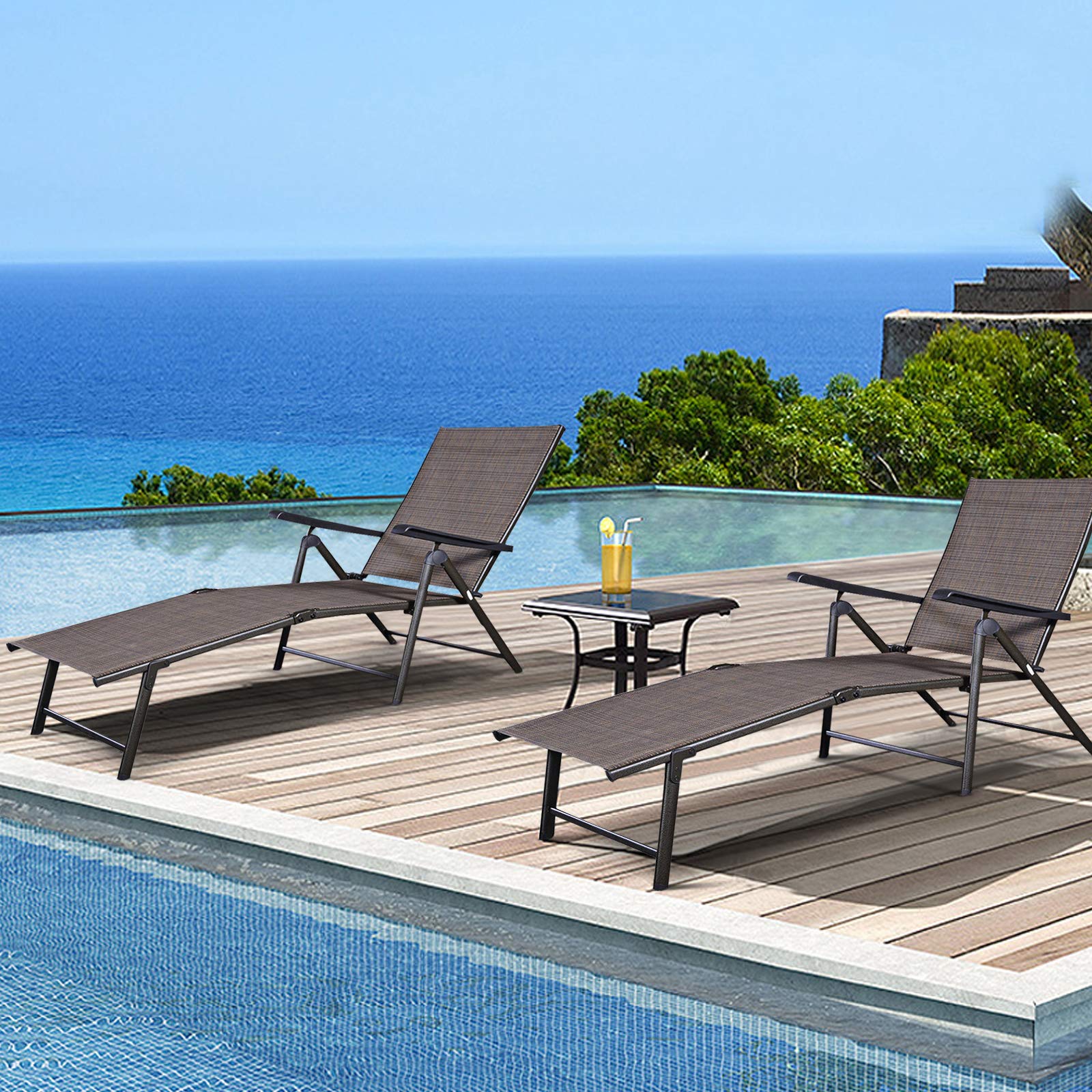 RELAX4LIFE Chaise Lounge Chair Outdoor Set of 2, Folding Patio Recliner Chair with Adjustable Reclining Back & Armrests for Yard Poolside Deck, Portable Sunbathing Beach Lounge Chairs for Outside (2)