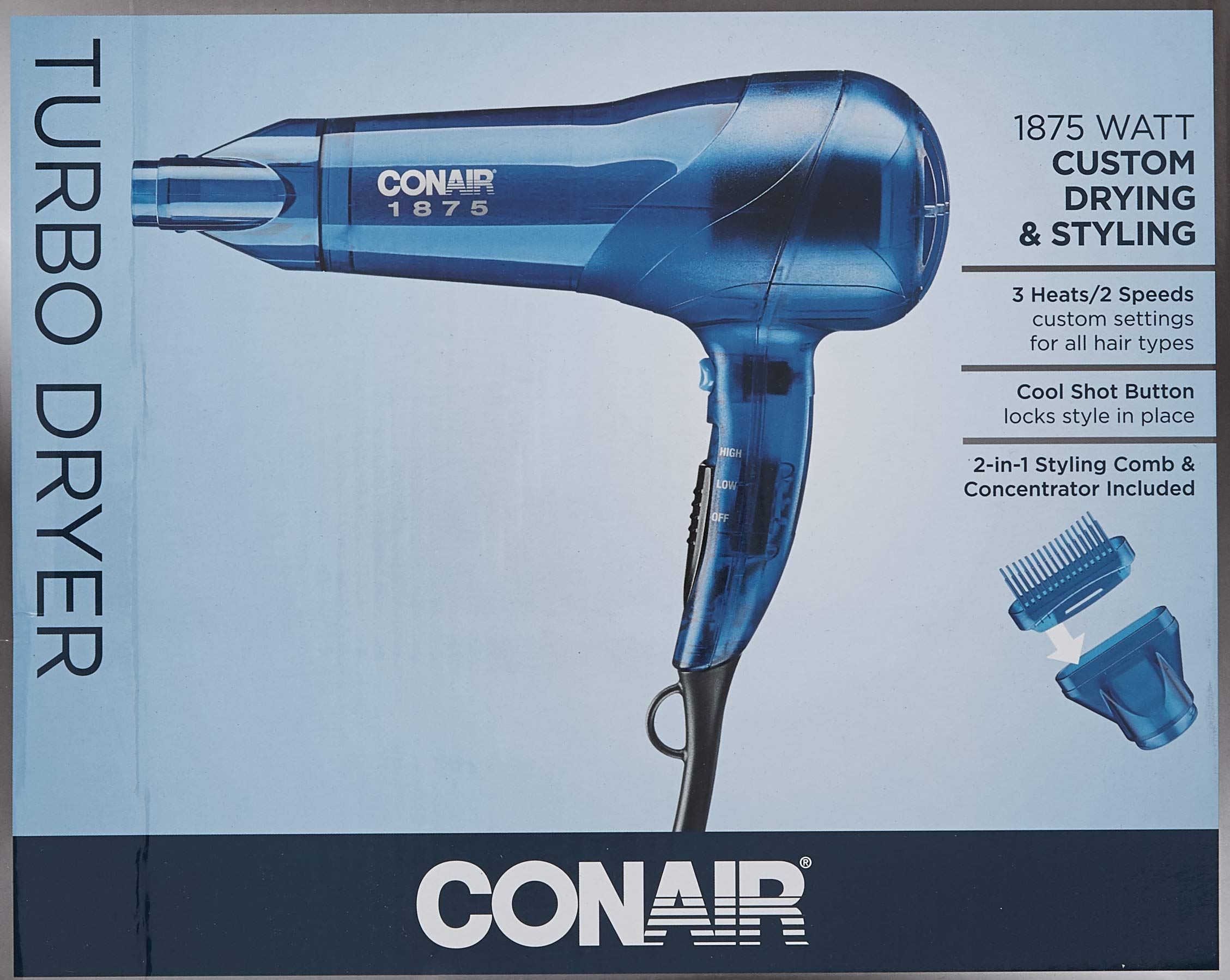 Conair 1875 Watt Translucent Turbo Hair Dryer, Blue