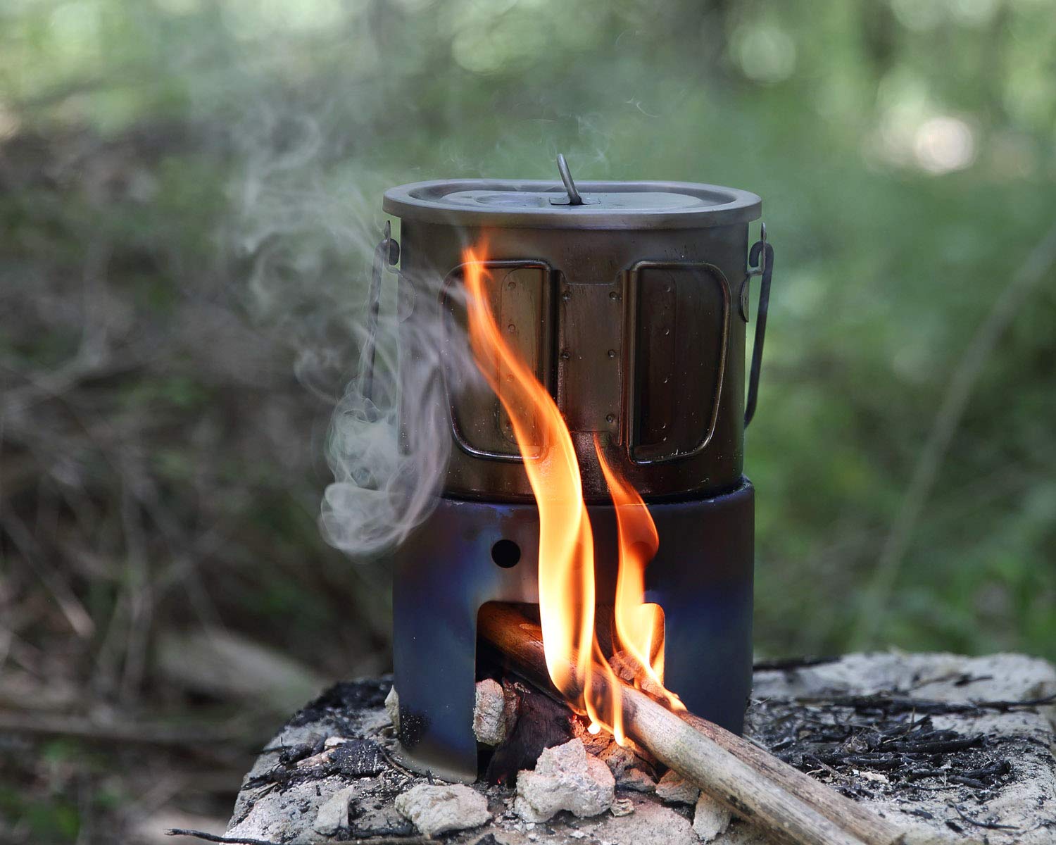 Boundless Voyage 2 in 1 Titanium Canteen Cup Wood Stove Set with Folding Handle and Hanging Ring Portable for Outdoor Hiking Camping Traveling A-Ti2005C