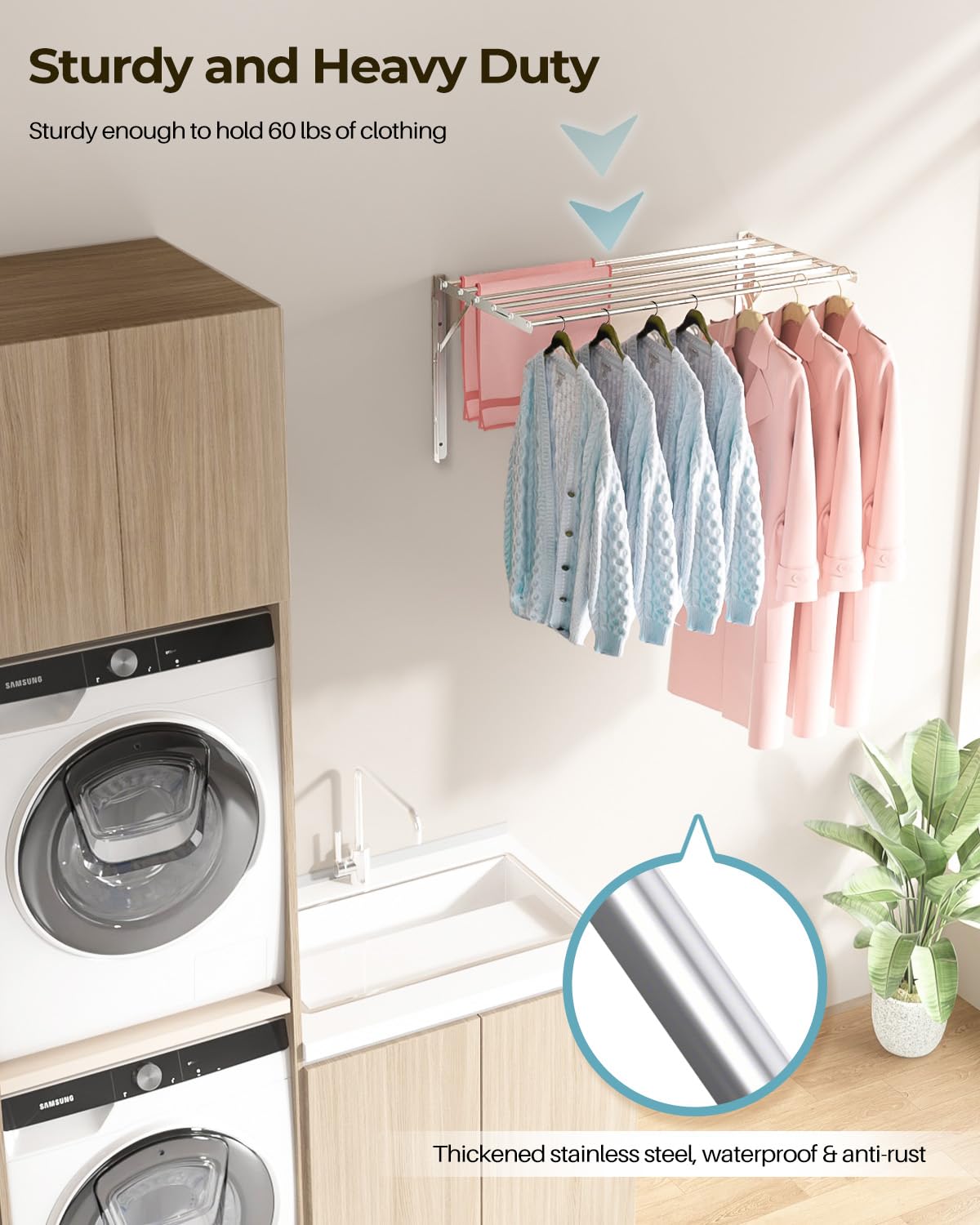 JAUREE Wall Mounted Clothes Drying Rack, Laundry Drying Rack Stainless Steel, Wall Drying Rack Clothing Foldable with 6 Drying Rods, Space Saving Wall Clothes Dryer Rack