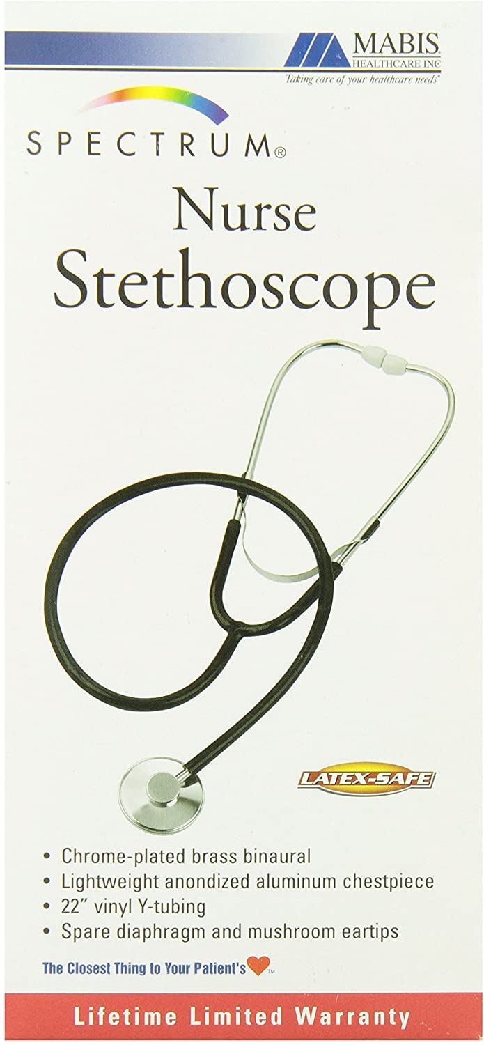 MABIS Spectrum Series Single Head Cardiology Stethoscope, Nursing and Clinical Use Stethoscope, Lightweight, 30 Inch, Black (Pack of 100)