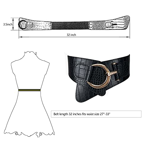 JOYMIN Women's Fashion Vintage 2.8" Wide Elastic Stretch Waist Belt With Interlock Buckle Crocodile Embossed Classic Leather Belt,Black