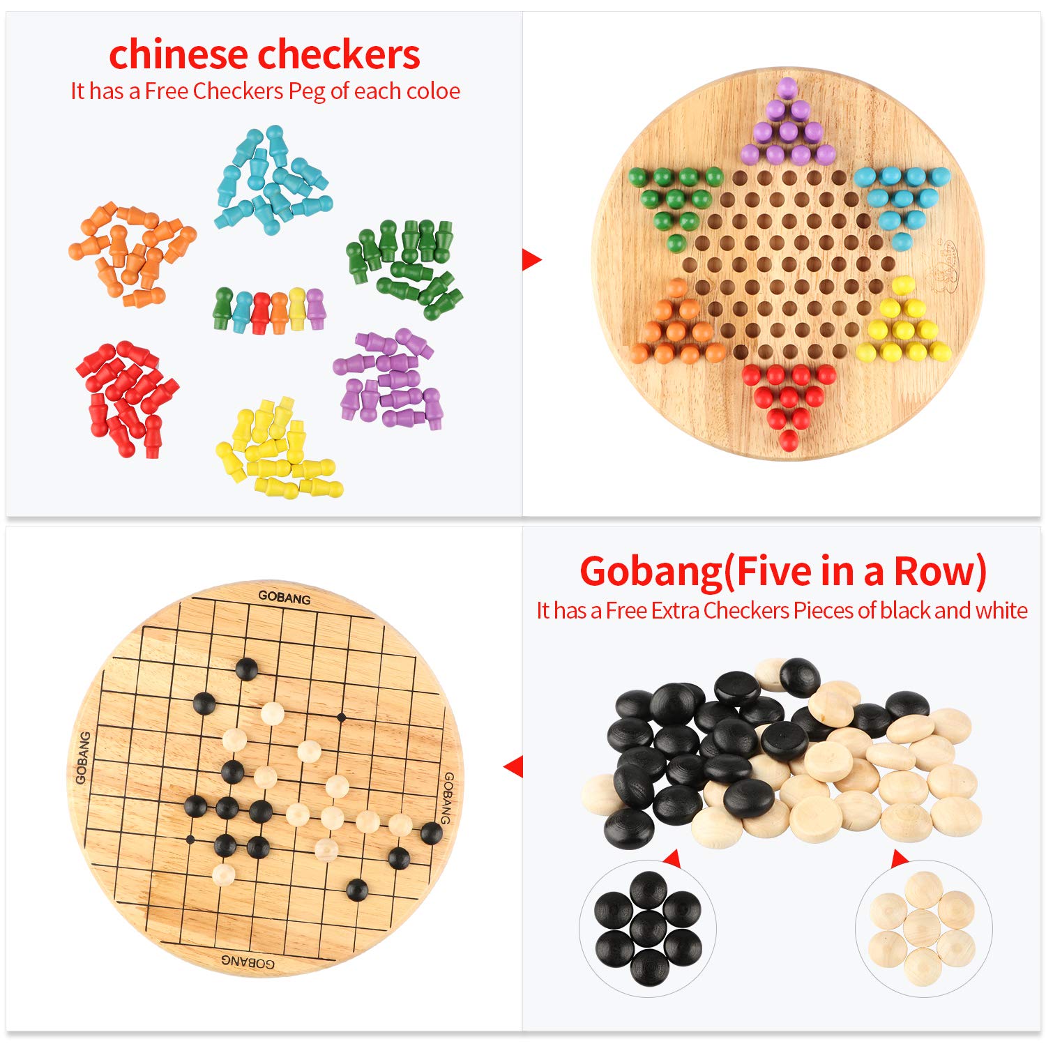 Wondertoys Wooden Chinese Checker Game for Kids 2 in 1 Chinese Checkers & Gobang (Five in a Row) Wooden Board Game Family Board Game Combo Set
