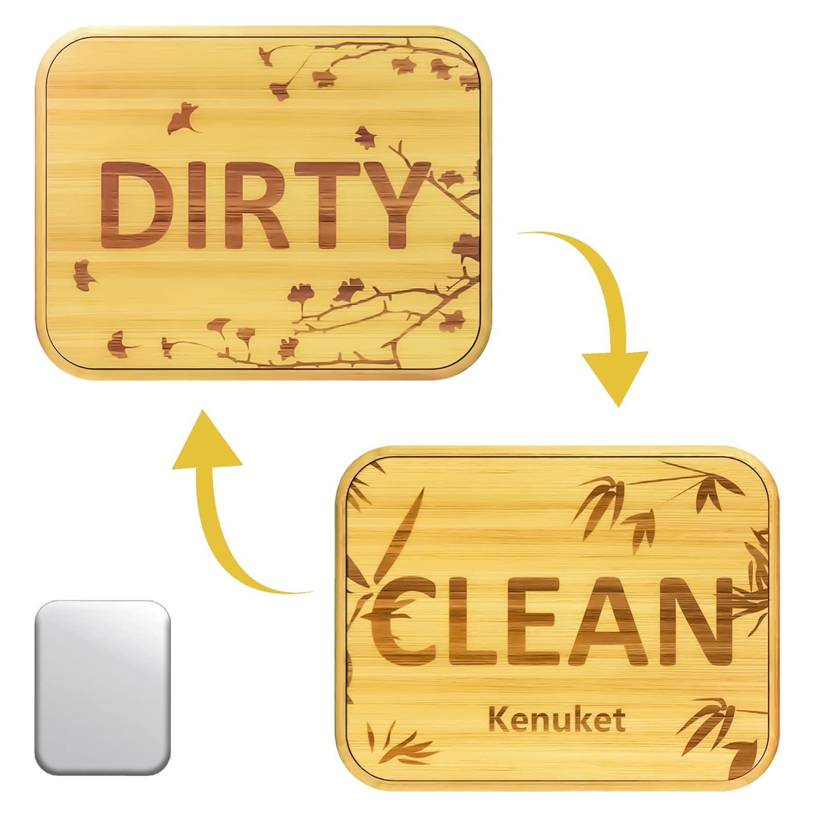 Dishwasher Magnet Clean Dirty Sign, Bamboo Indicator for Magnetic & Non-Magnetic Dishwashers, Non-Scratch Easy to Read Reversible Dishwasher Magnet Clean Dirty Sign with Optional Adhesive Metal Plate