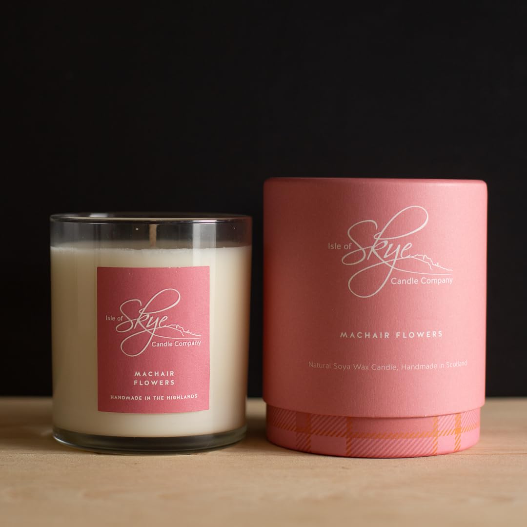Machair Flowers Candle 100% Natural Soy Wax (Harebell, Gentian, Orchid and Bluebell) Elegant Tartan Packaging. Handmade in Scotland