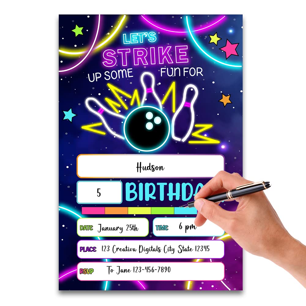 FujLoy Bowling Birthday Invitation, Bowling Birthday party Invitation Cards, Rainbow Neon Glow Bowling Invite.(052)