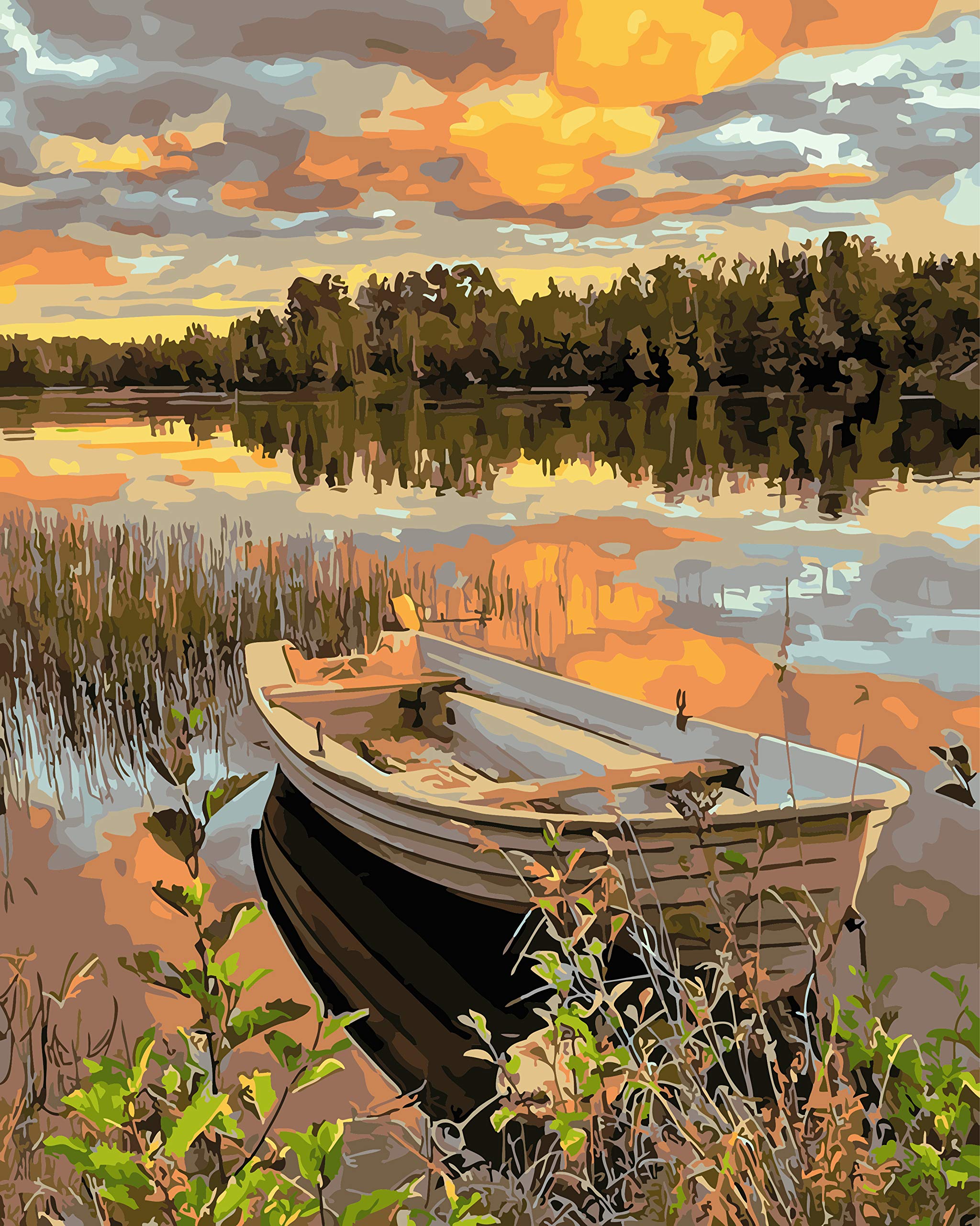 COLORWORK DIY Paint by Numbers, Canvas Oil Painting Kit for Adults, 16" W x 20" L Drawing Paintwork with Paintbrushes, Acrylic Pigment-Lakeside Boat