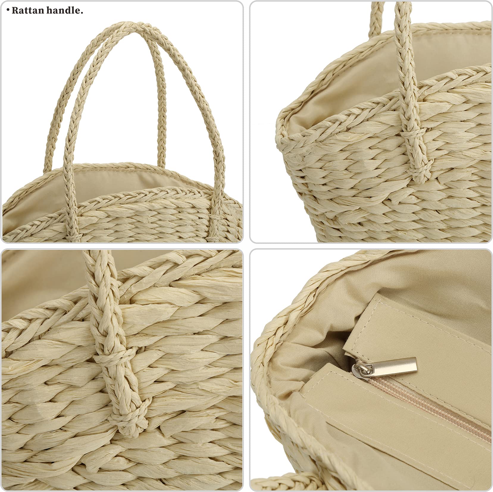 So'each Women's Handbag Wicker Woven Rattan Straw Tote Bag Basket Shoulder Bag Beige