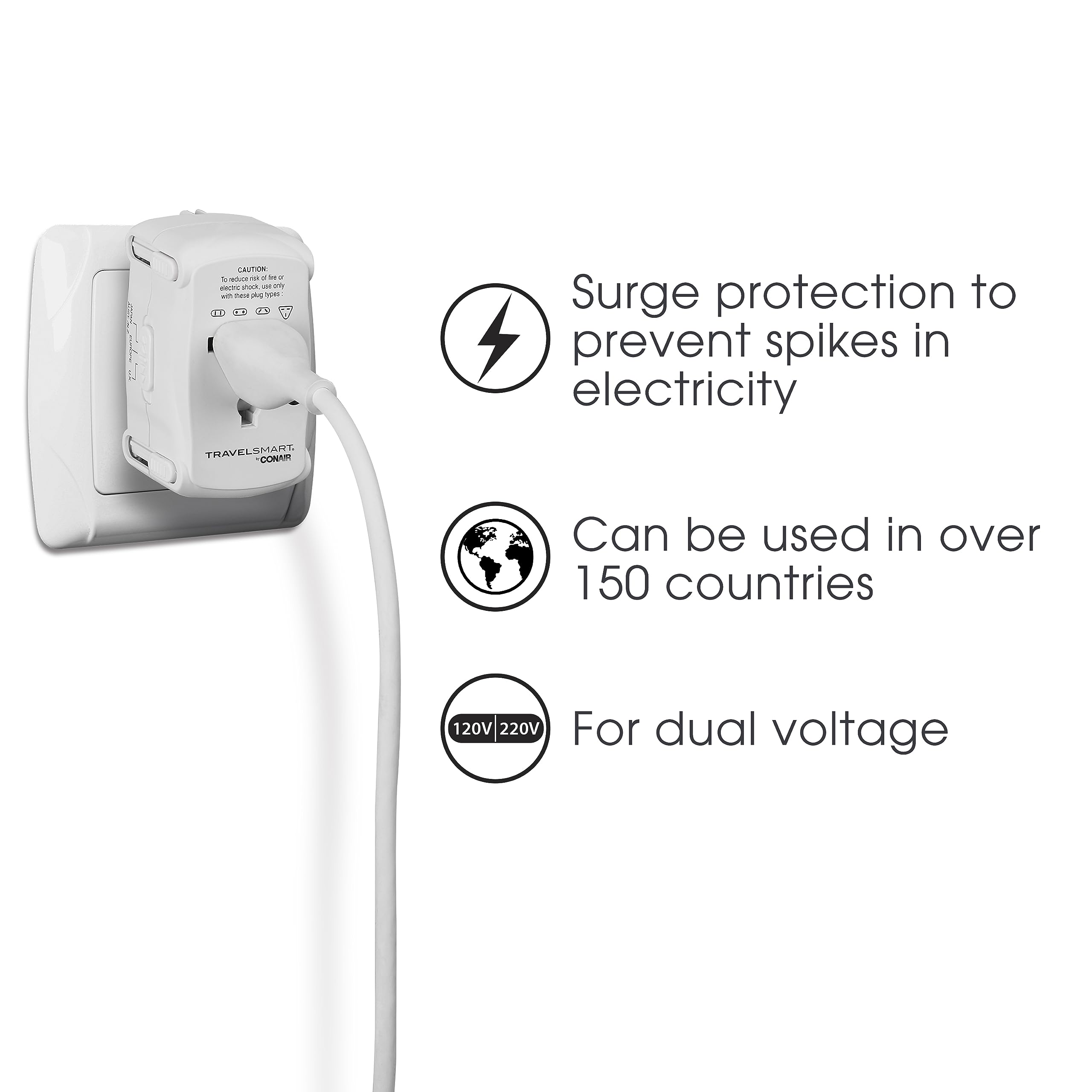 Conair Universal Travel Adapter, European Travel Plug Adapter with Surge Protection, All-in-One Worldwide Travel Adapter