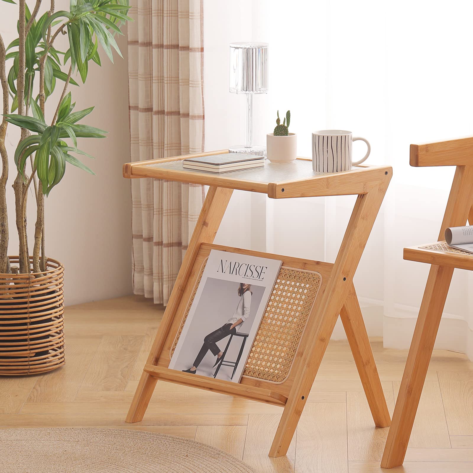 Furlide Tv Tray Table, Bamboo End Table, Boho Nightstand Side Table, Bedroom Coffee Table with Storage, Accent Bedside Tables for Living Room Bedroom Small Spaces (Wood)