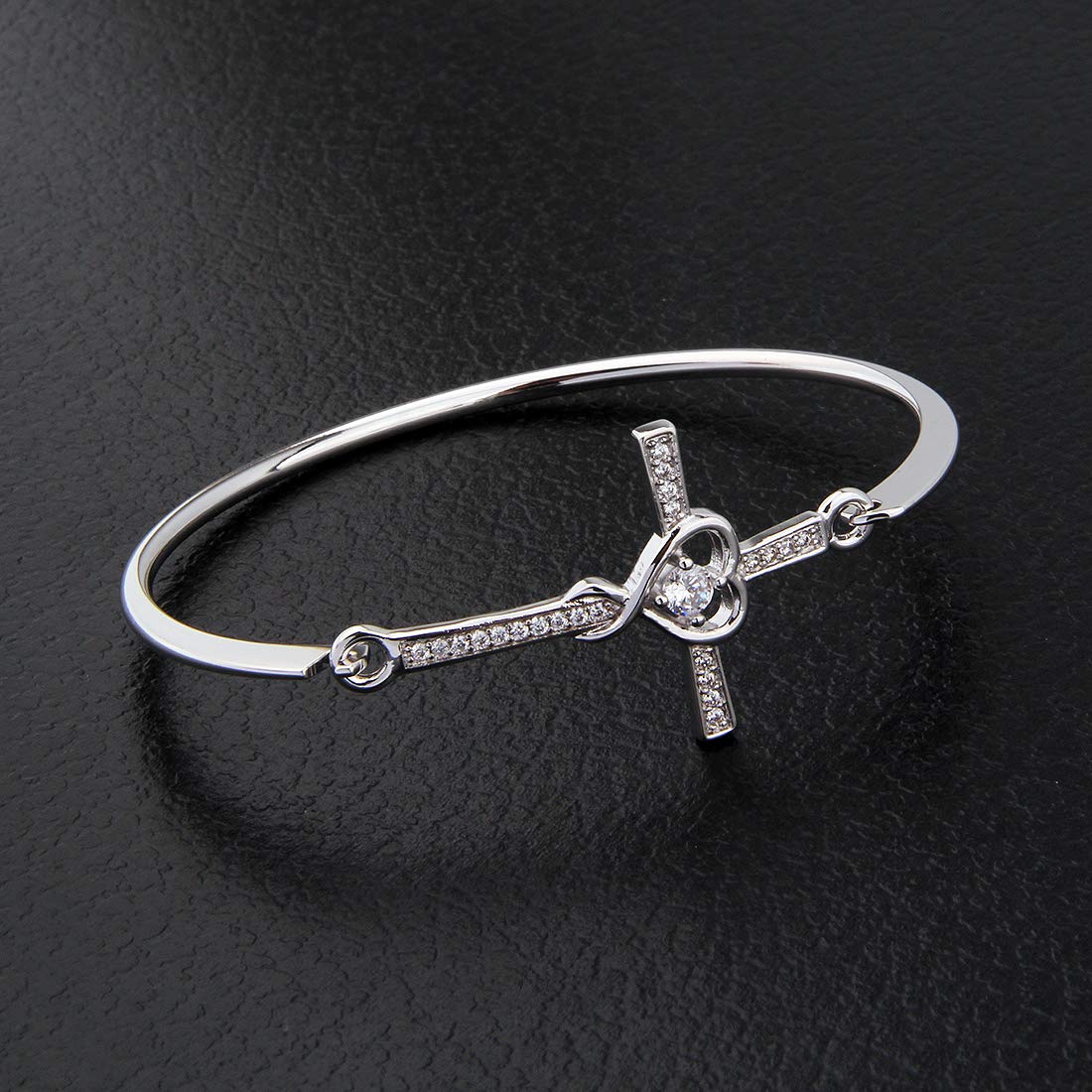 Christian Bracelet Infinity Love Heart God Cross Bracelet Crystal Sideway Cross Bangle Religious Gift for Women (Silver)