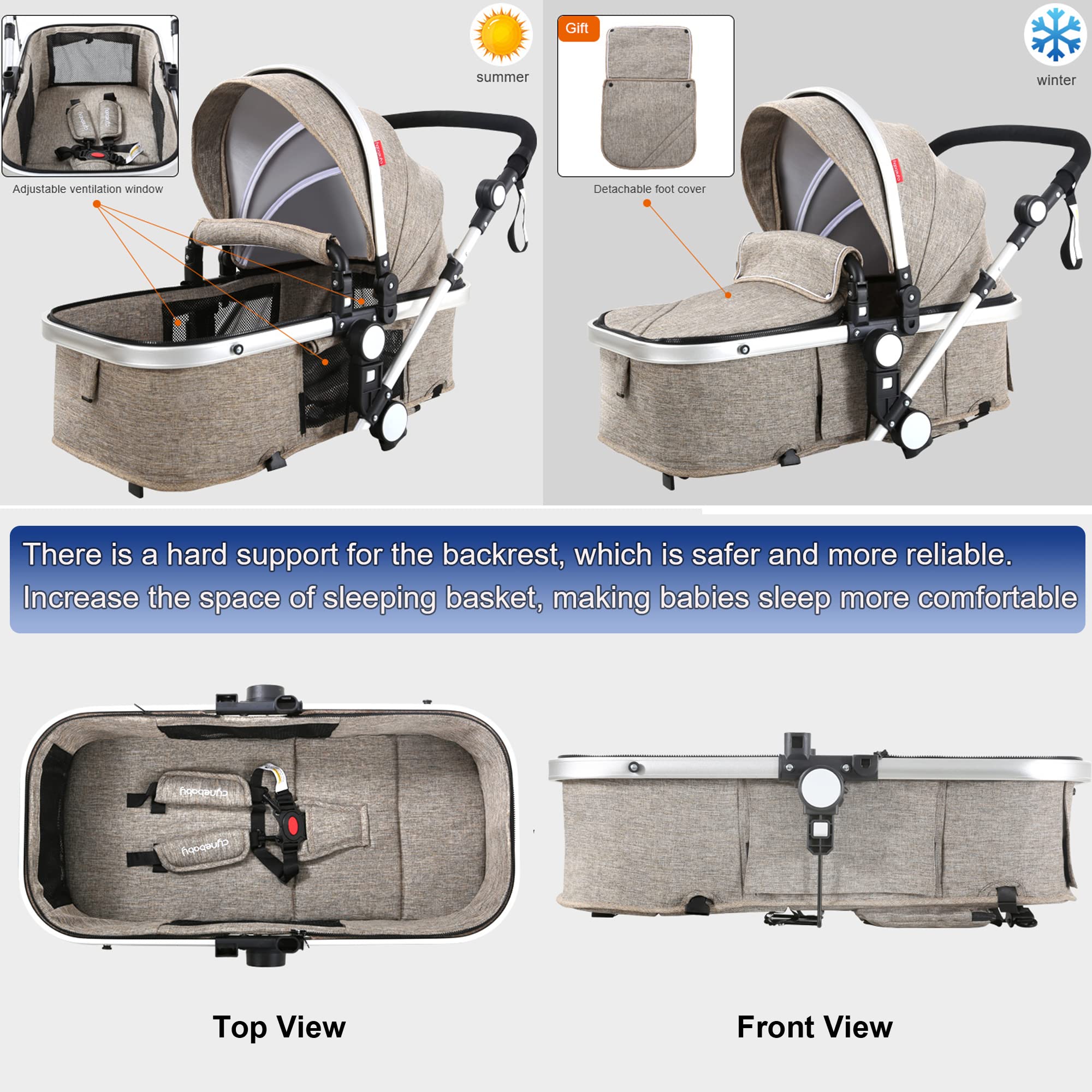 Cynebaby Baby Stroller, Convertible Bassinet Stroller for Newborn Infant Lightweight Pram Strollers with Snack Tray… (Khaki)