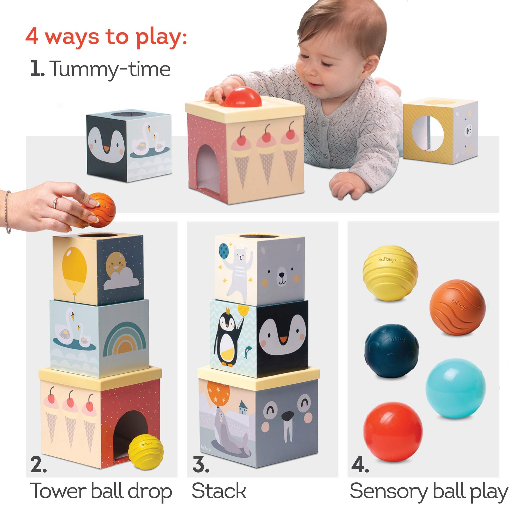 Taf Toys Toddlers Object Permanence Ball Drop Stacker, Made of Strong & Durable Cardboard Box & Plastic Cover Perfect Developmental Toy for Tummy-Time