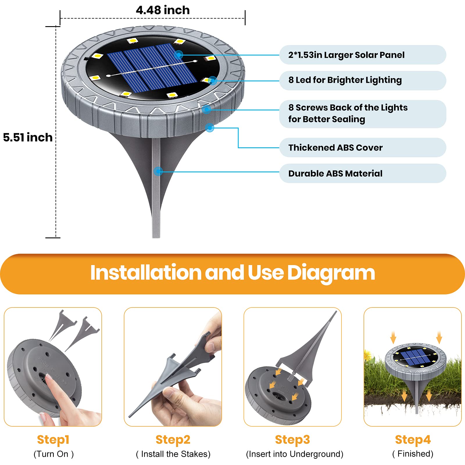 Solar Powered Ground Lights 8 Pack,IP68 Waterproof LED Solar Lights Outdoor Garden Decorative Solar Disk Lights,Solar Landscape Path Lighting for Pathway Yard Walkway Lawn Driveway(Warm White)