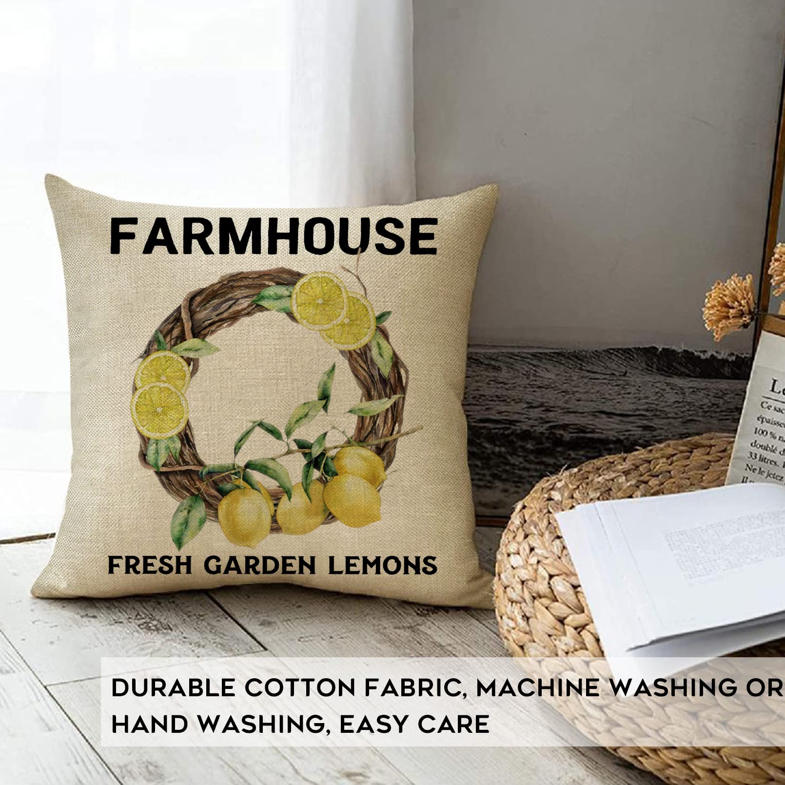 Softxpp Fresh Garden Lemons Wreath Decorative Farmhouse Throw Pillow Cover, Spring Summer Cushion Case Cotton Linen, Seasonal Home Decorations Square Outside Pillowcase Decor Sign for Sofa Couch 18x18
