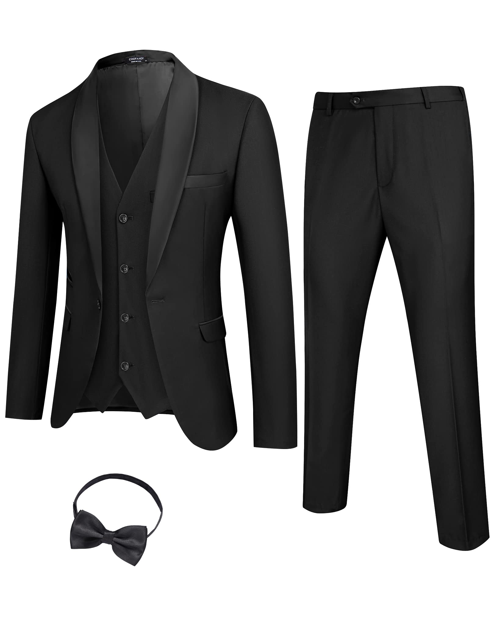 COOFANDY Mens Slim Fit 3 Piece One Button Business Wedding Prom Suits Blazer Tux Vest & Trousers Black Small