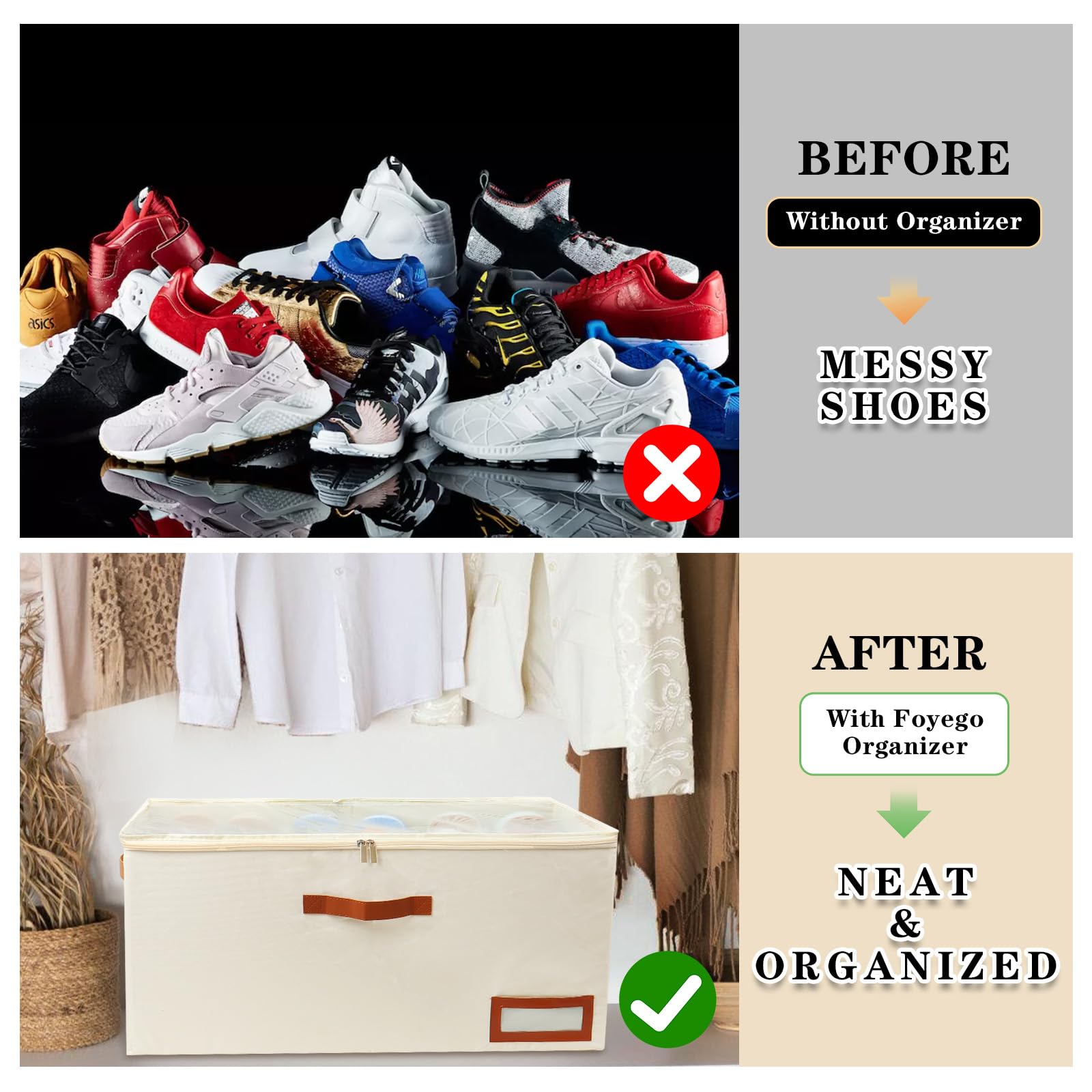 Foyego 2 Pack Shoe Organizer for Closet, Fits up to 48 Pairs, Stackable Fabric Shoe Storage Containers with Clear Cover and Adjustable Dividers, Foldable Shoe Storage Organizer Box