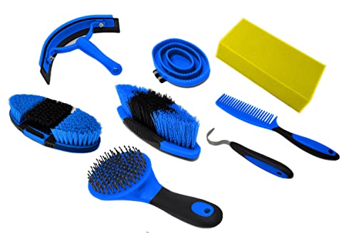 Premium Horse Grooming Kit | 9 Piece Durable Hair groomer Brush Set. Perfect Horse Gift For Beginners or Professional (Blue)