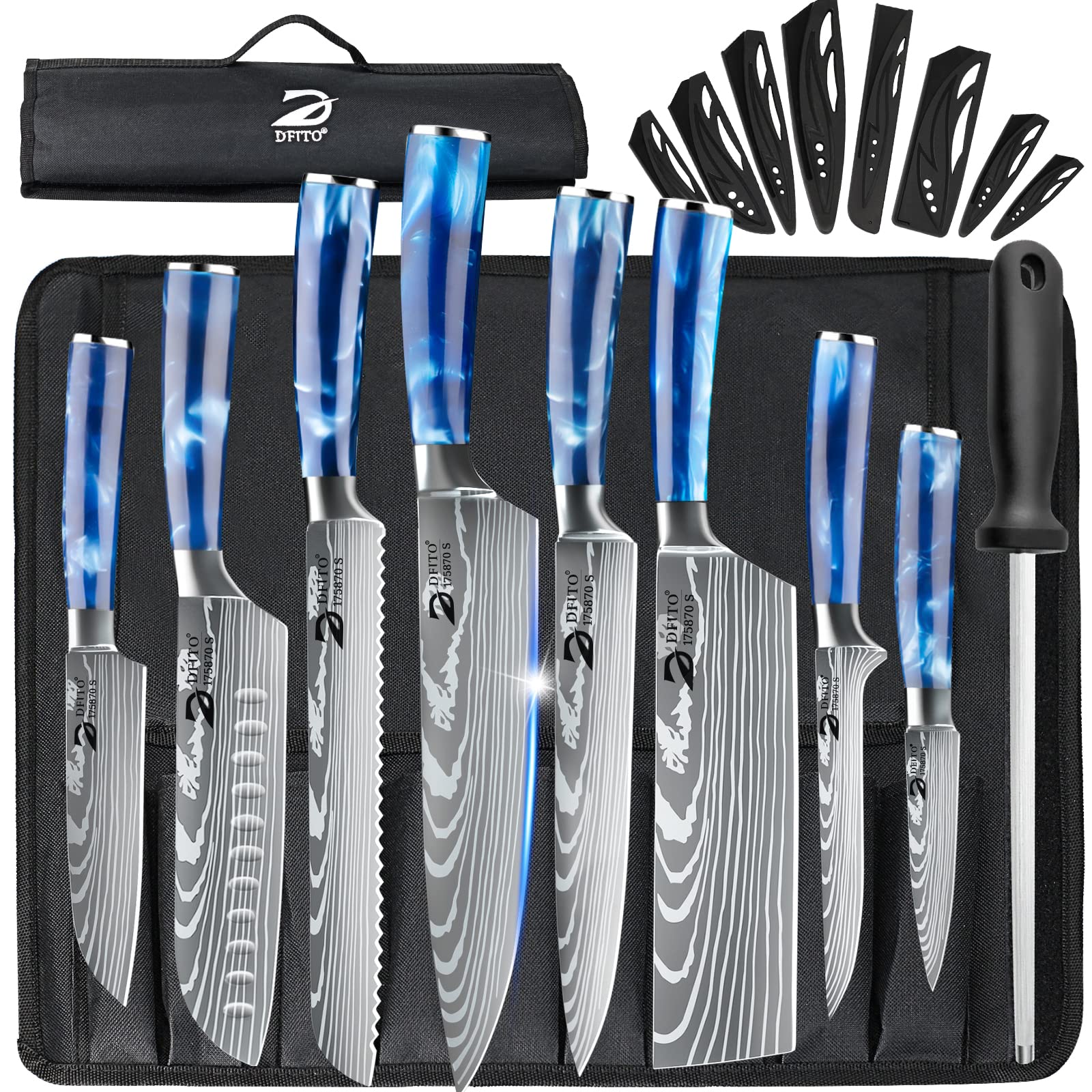 Dfito Chef Knife Sets with Roll Bag, 9 Pieces Professional Knife Set, High Carbon Stainless Steel Kitchen Chef Knife Set, Red Pakkawood Handle, Dishwasher Safe