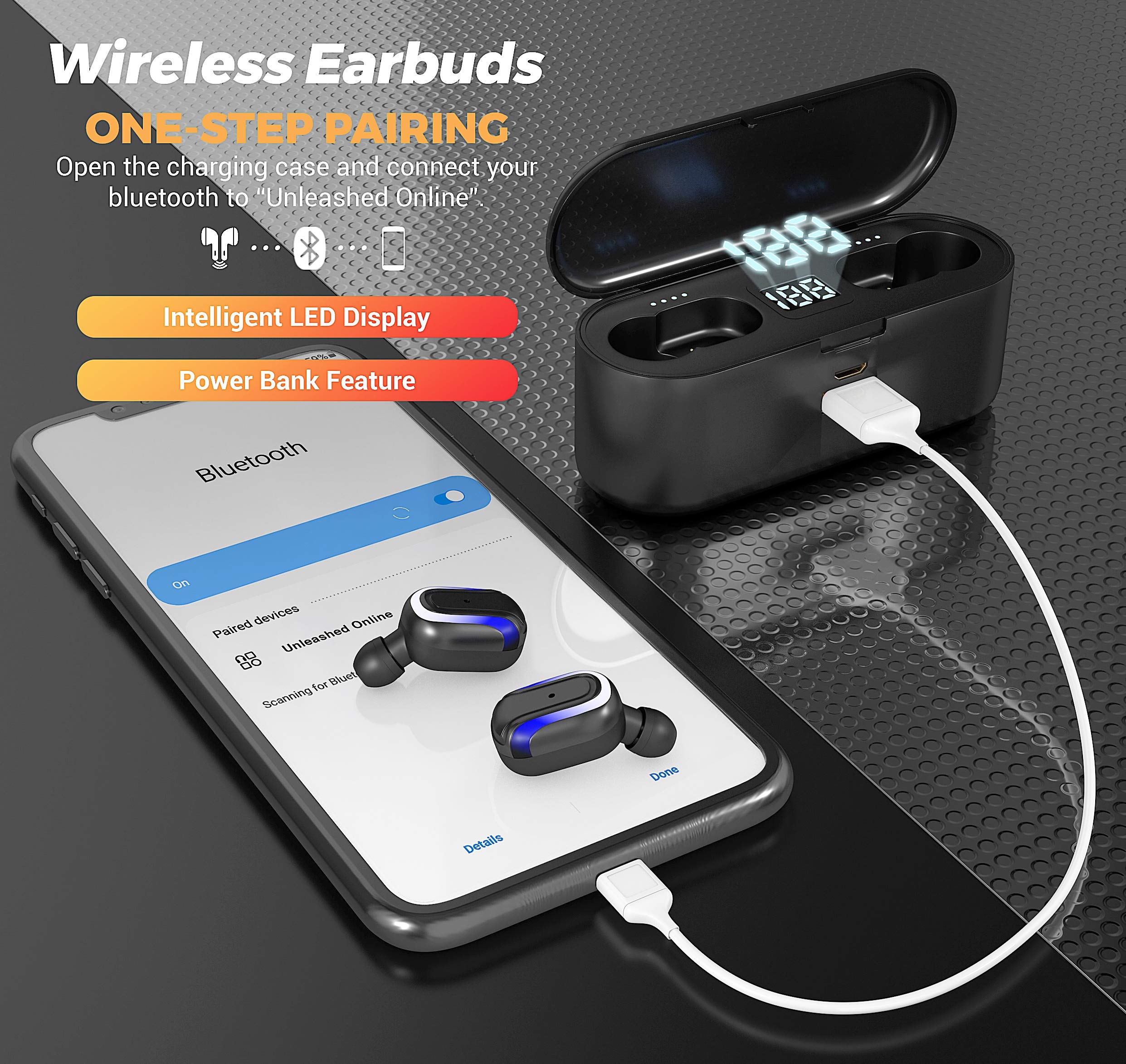 Compact Wireless Bluetooth 5.1 Noise Canceling Earbuds IPX7 Waterproof True Stereo Headphones 36 Hr Playtime Charging Case (with Built in Phone Charging Feature) in Ear Microphone for Sports Work Play