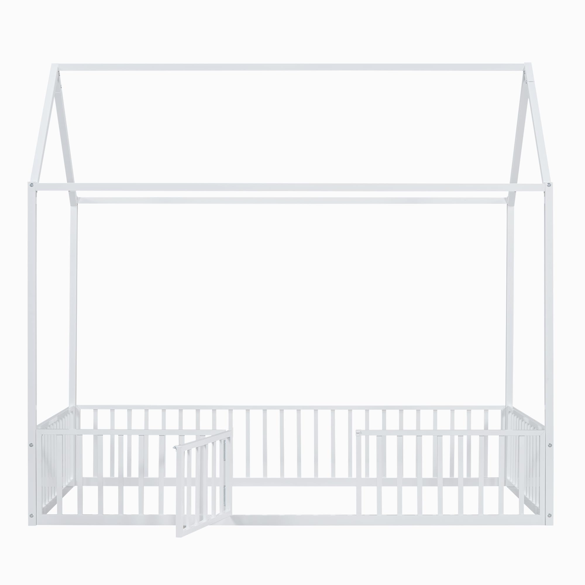 Merax Twin Size Montessori Floor Bed, Metal House Bed Frame with Roof for Kids, Teens, Girls, and Boys, No Box Spring Needed, White