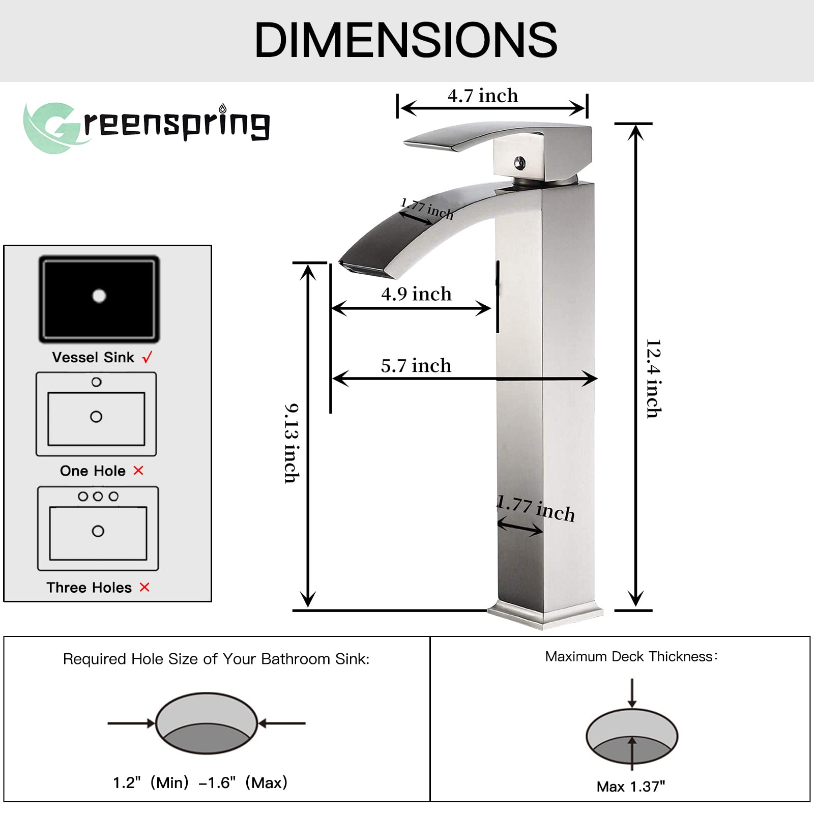 Greenspring Brushed Nickel Bathroom Faucet Vessel Sink Single Hole Single Handle Waterfall Spout Lavatory Commercial Bath Vanity Bowl Faucets Tall Body Supply Line Lead-Free