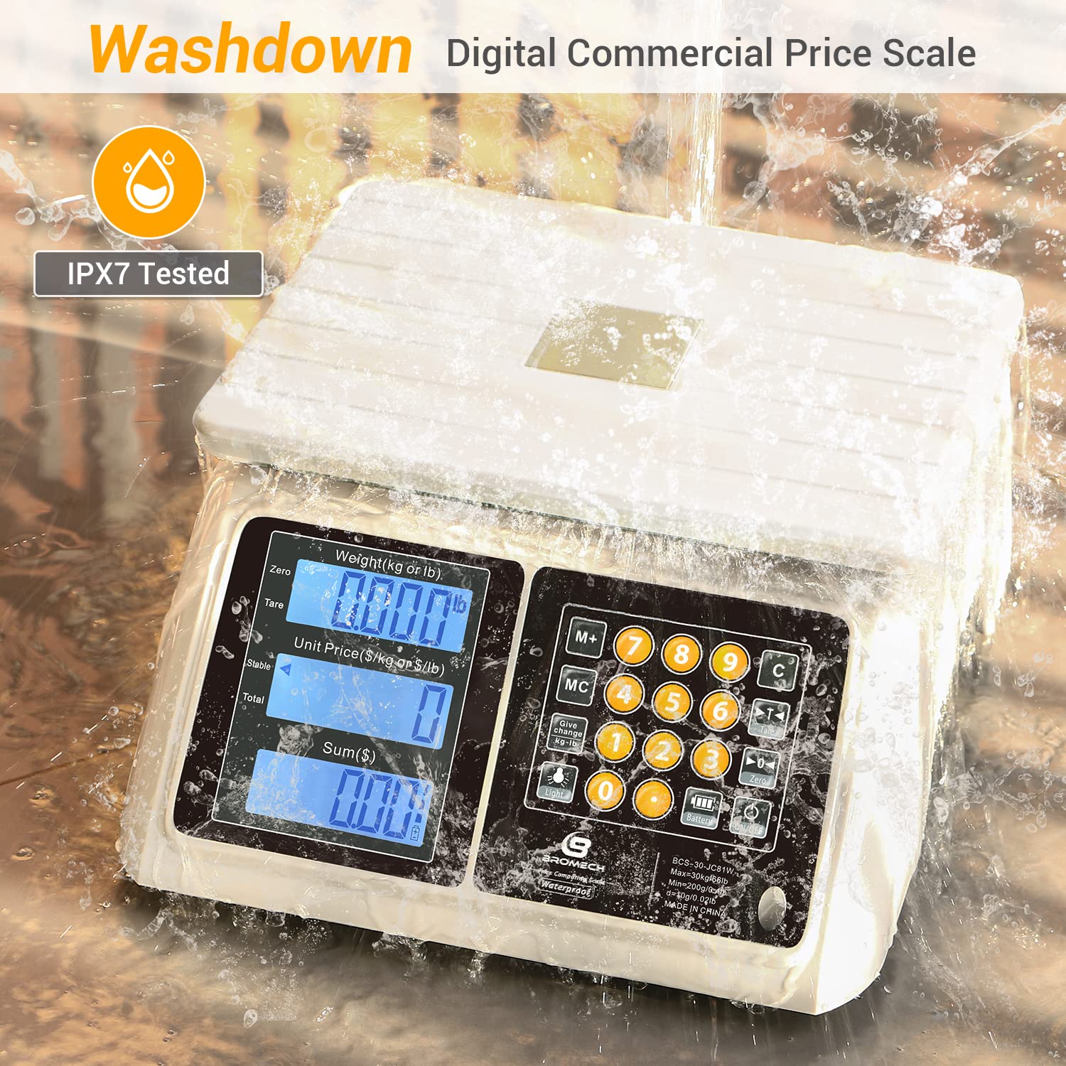 BROMECH Food Scale, Price Computing Scale, IPX7 Waterproof, 66lbs Capacity, White Backlight LCD, Rechargeable Commercial Meat Produce Weight Scale for Farmers Market and Seafood