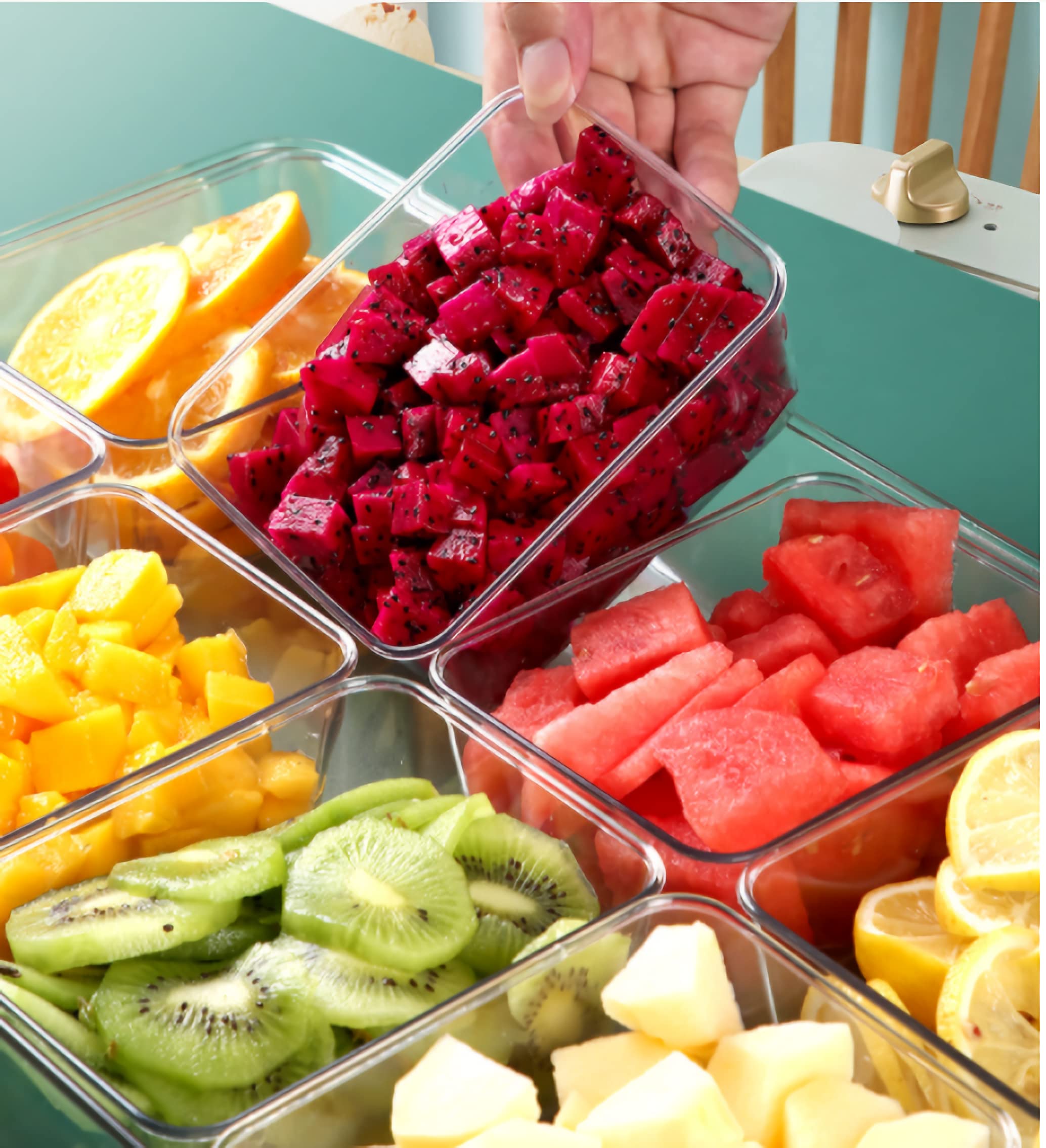 Divided Veggie Tray with Lid, 8 Compartment Vegetable Storage Square Appetizer Relish Serving Platter, Food Fruit Snack Containers with 8 Spoons for Refrigerator Organizer Bins