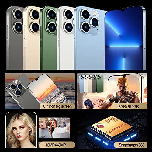 i13 ProMax 5G Cell Phone, Unlocked Android Smartphone, 8GB+512GB, 90Hz 6.7'' FHD LCD Display Screen, 13MP+48MP Camera, 5000mAh Long Battery Life, Dual Sim Card (Blue)