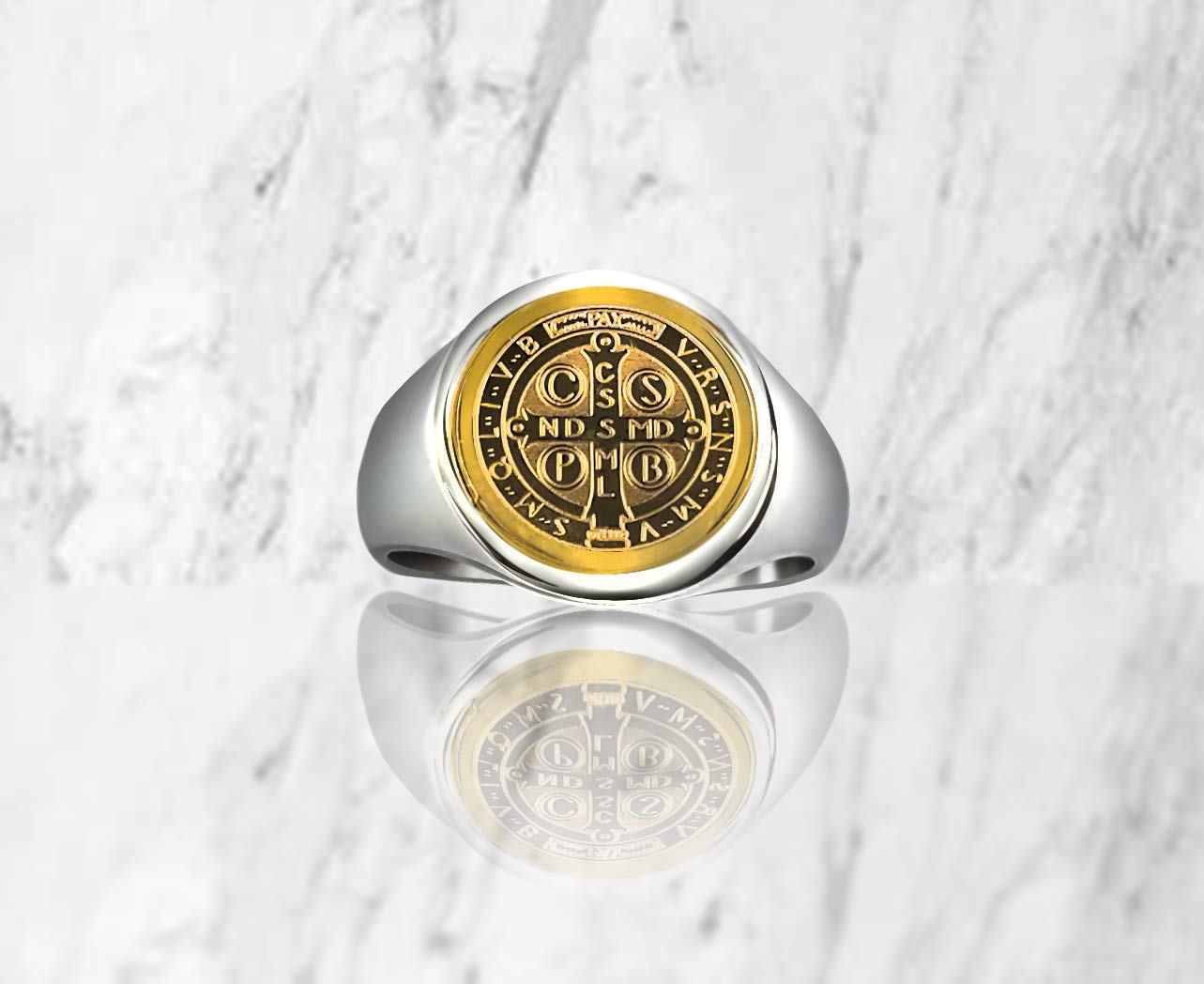 Catholic Unisex Gold Saint Benedict Ring Stainless Steel Catholic St Benedict Ring-St Benedict Holy Prayer Card Included (Gold) (6)