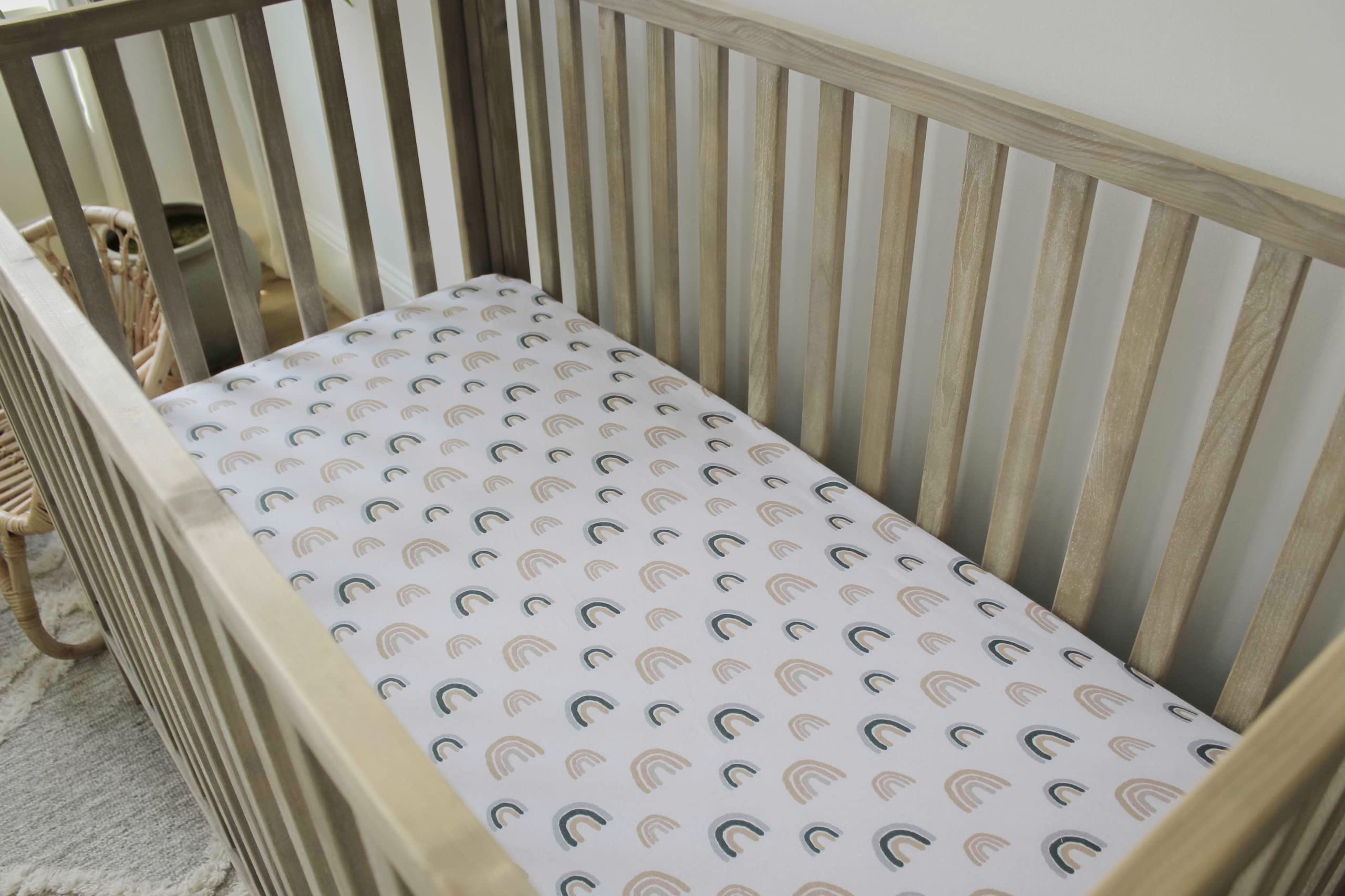 NODNAL CO. 3 Fitted Crib Sheets Rainbow & Solid Colors Set - 100% Oeko-TEX Cotton for Baby Girl/Boy Nursery Bedding - Boho Gender Neutral Watercolor Beige/Tan Set Toddler Mattress 28”x52”x9” Sheet