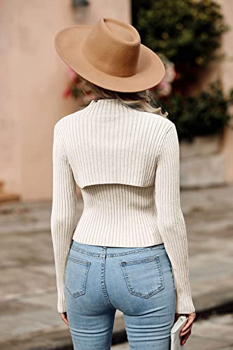 PRETTYGARDEN Women's 2023 Fashion Fall Clothes 2 Piece Cutout Tops Long Sleeve Mock Neck Rib Knit Winter Pullover Sweater (Beige White,Small)