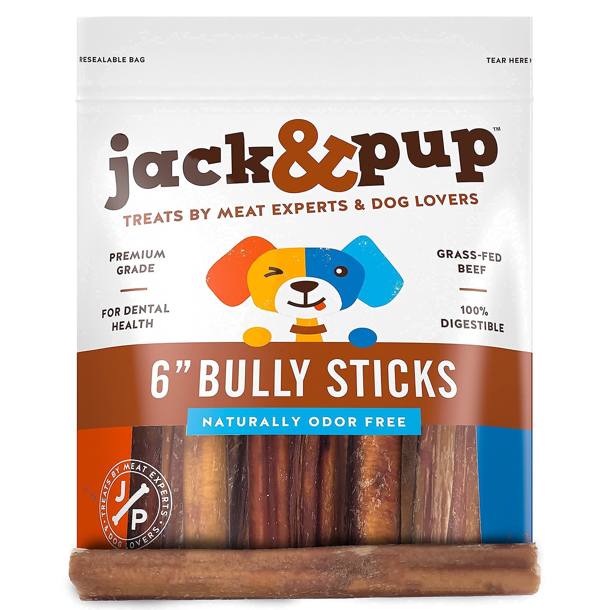 Jack&Pup Bundle - Bully Sticks + Pro-Digest Supplements | 6-Inch Odor Free [Thick Size] Bully Sticks (5 Pack) | Pro-Digest Probiotics for Dogs (60 Chews)