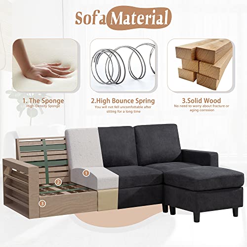 JAMFLY 79'' Sectional Sofa Couch with Storage Ottoman, Living Room Furniture Set Small Deep Convertible Sofa, L-Shaped Couch Wide Reversible Chaise with Linen Fabric (Charcoal Grey)